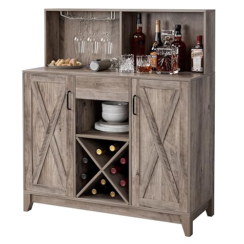 HOSTACK Modern Farmhouse Coffee Bar Cabinet, Barn Doors Wine Liquor Bar ...