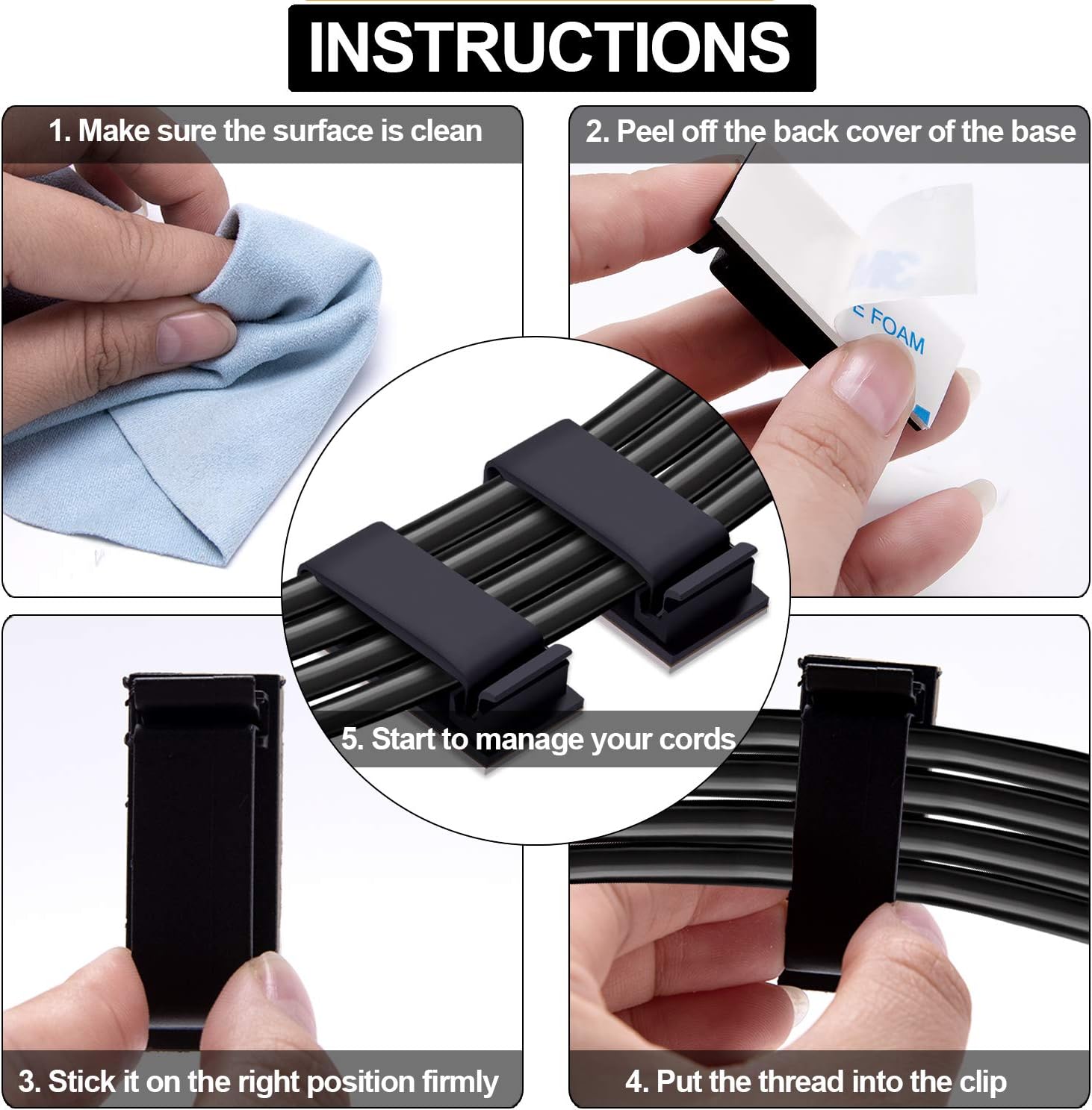 BQTQ 75 Pack Cable Management Clips Black Self Adhesive Cable Clips ...