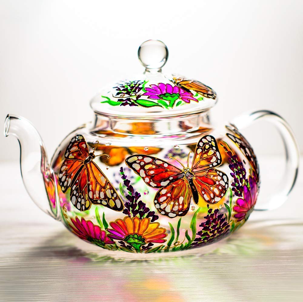 Amazon.com: Hand Painted Monarch Butterflies and Flowers Glass Teapot ...