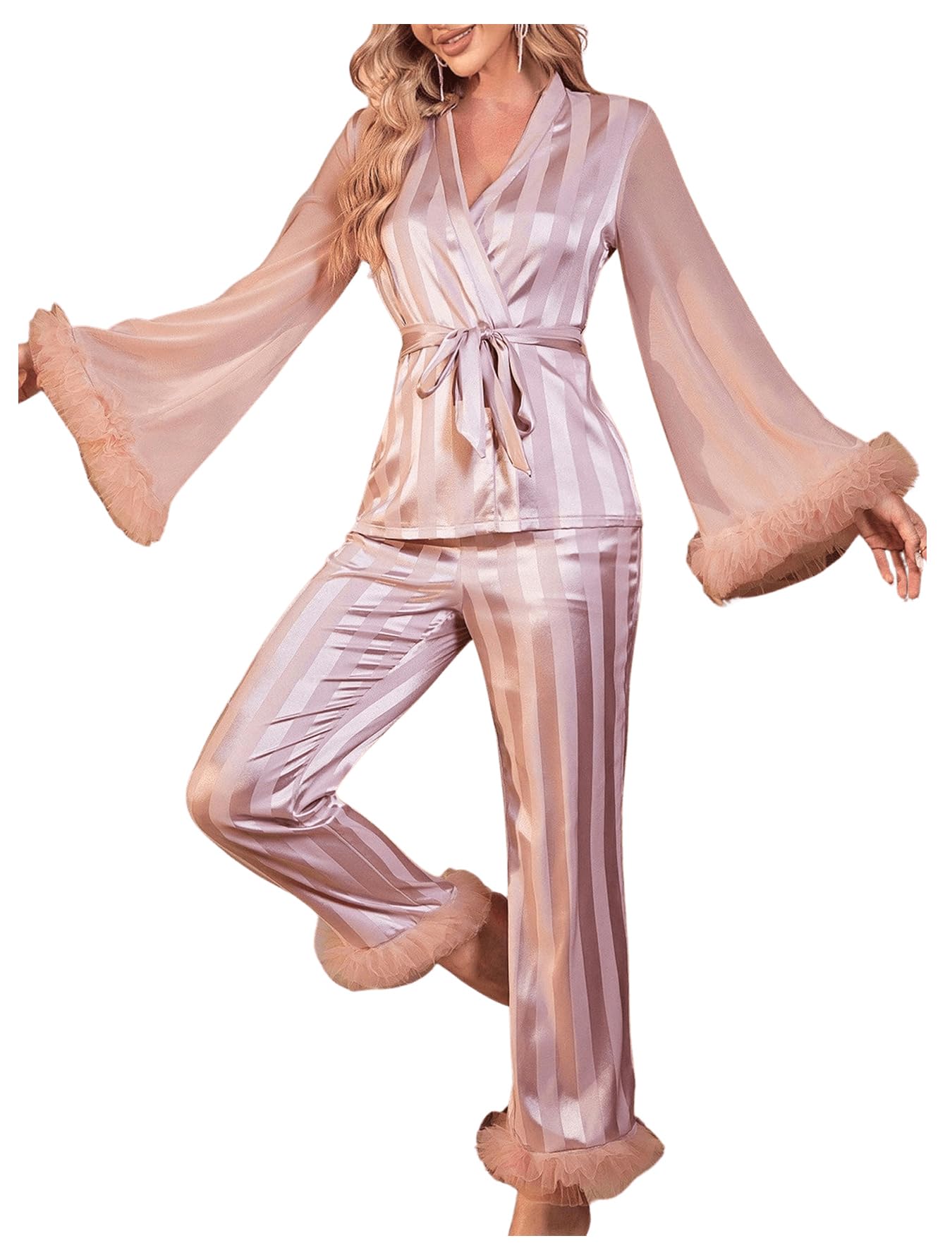 Verdusa Women's 2 Piece Tulle Trim Satin Pajama Set Ruffled Mesh Long ...