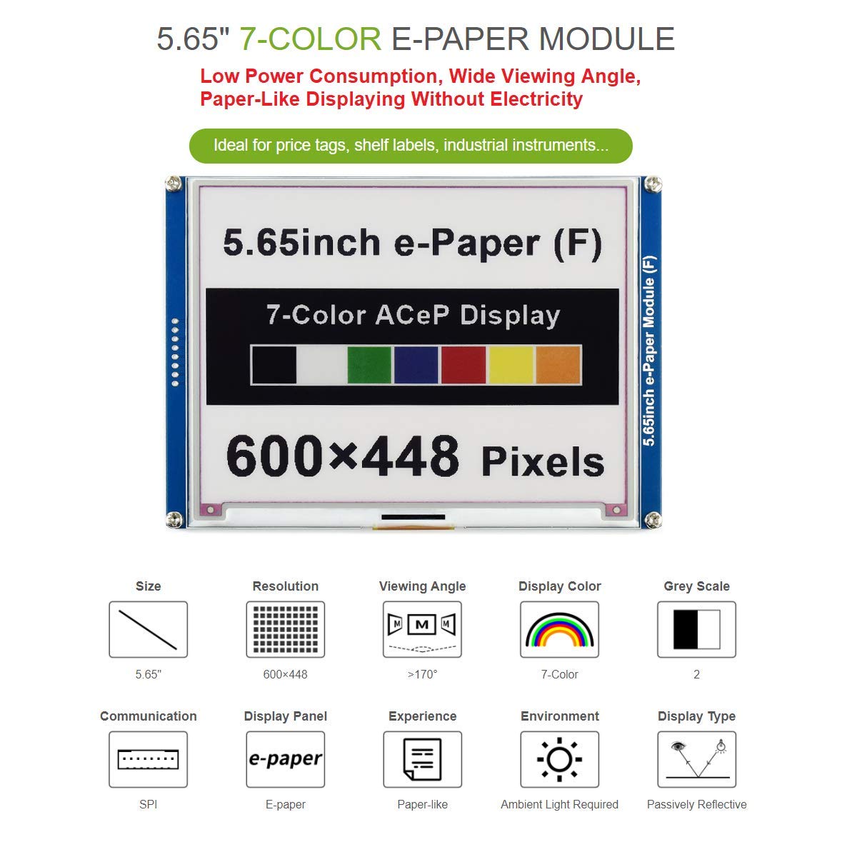 Mua waveshare 5.65inch E-Ink Display HAT ACeP 7-Color E-Paper Module 600×448 Pixels eink Display ...