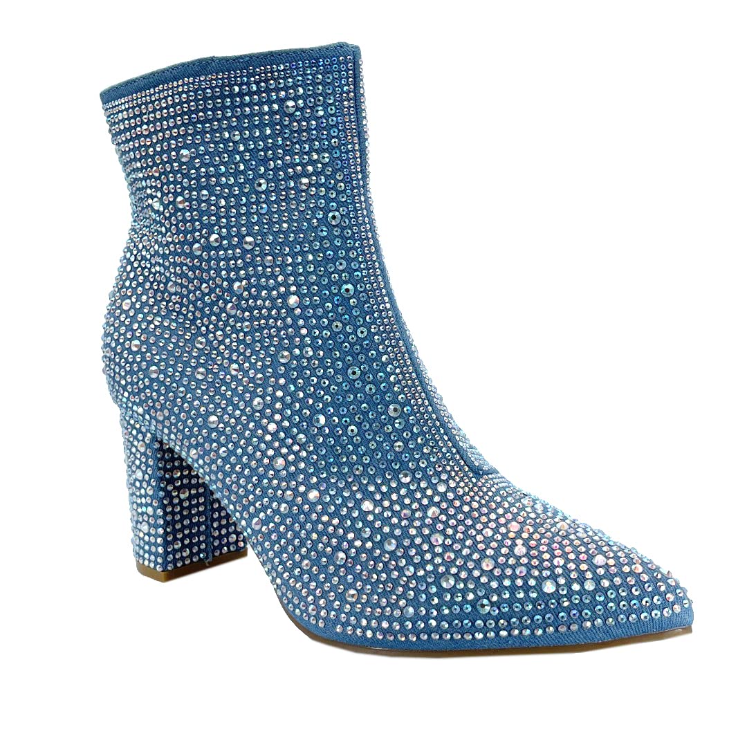 ABSOLEX Women Pointed Toe Rhinestone Block Medium Heel Ankle Booties ...