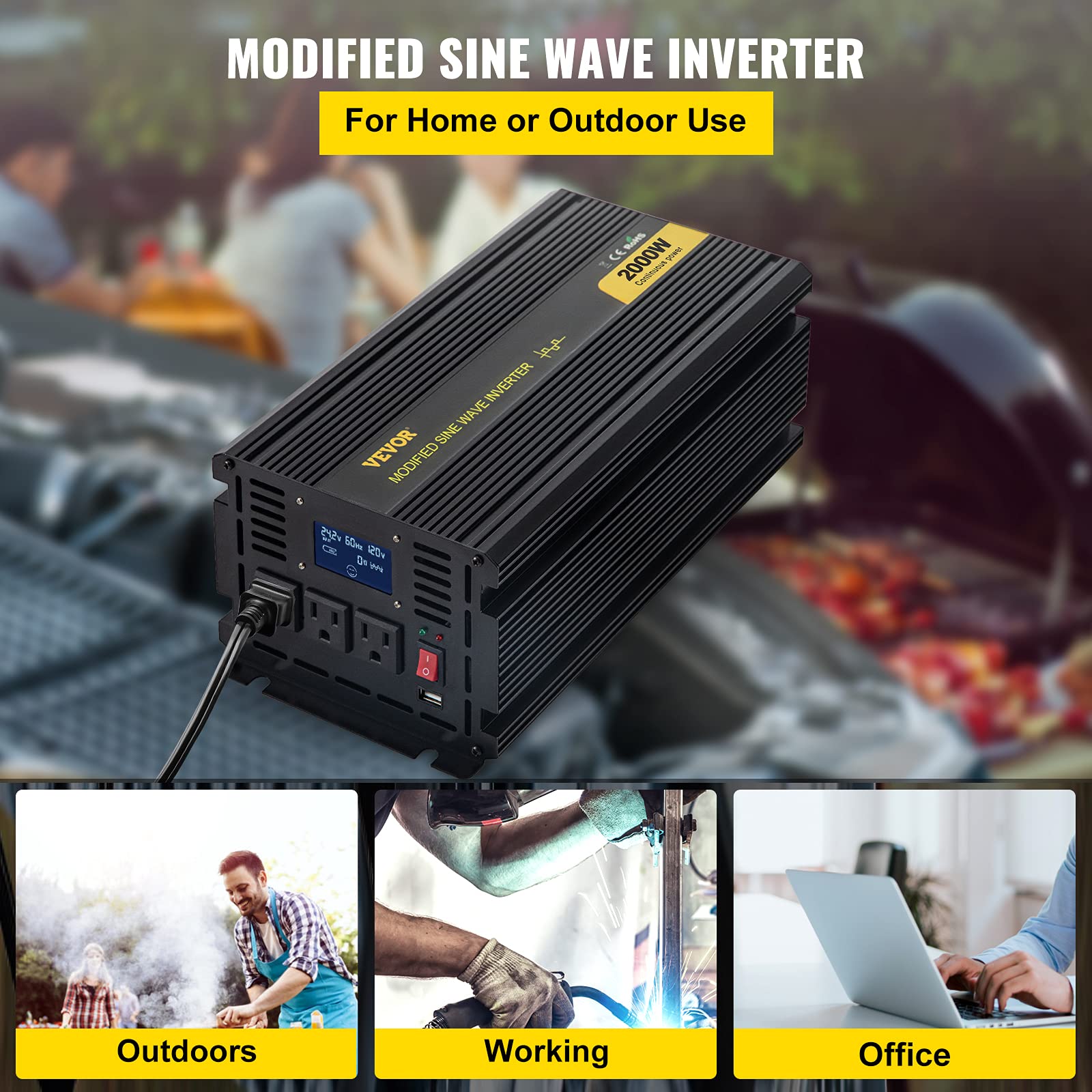 VEVOR Power Inverter, 2000W Modified Sine Wave Inverter, DC 24V To AC 120V Car Converter, With ...