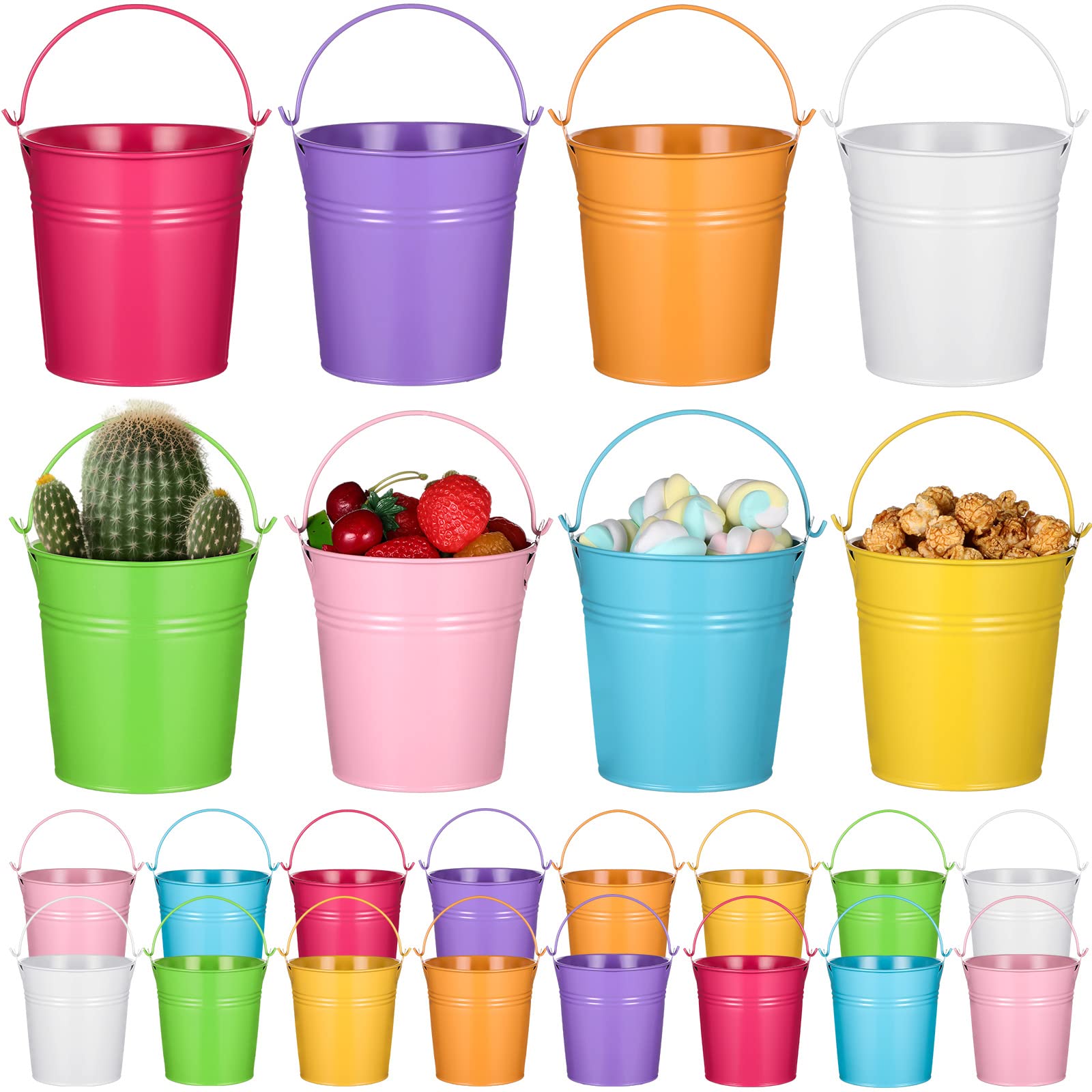 Therwen 24 Pieces Small Metal Buckets with Handle Colored Galvanized ...