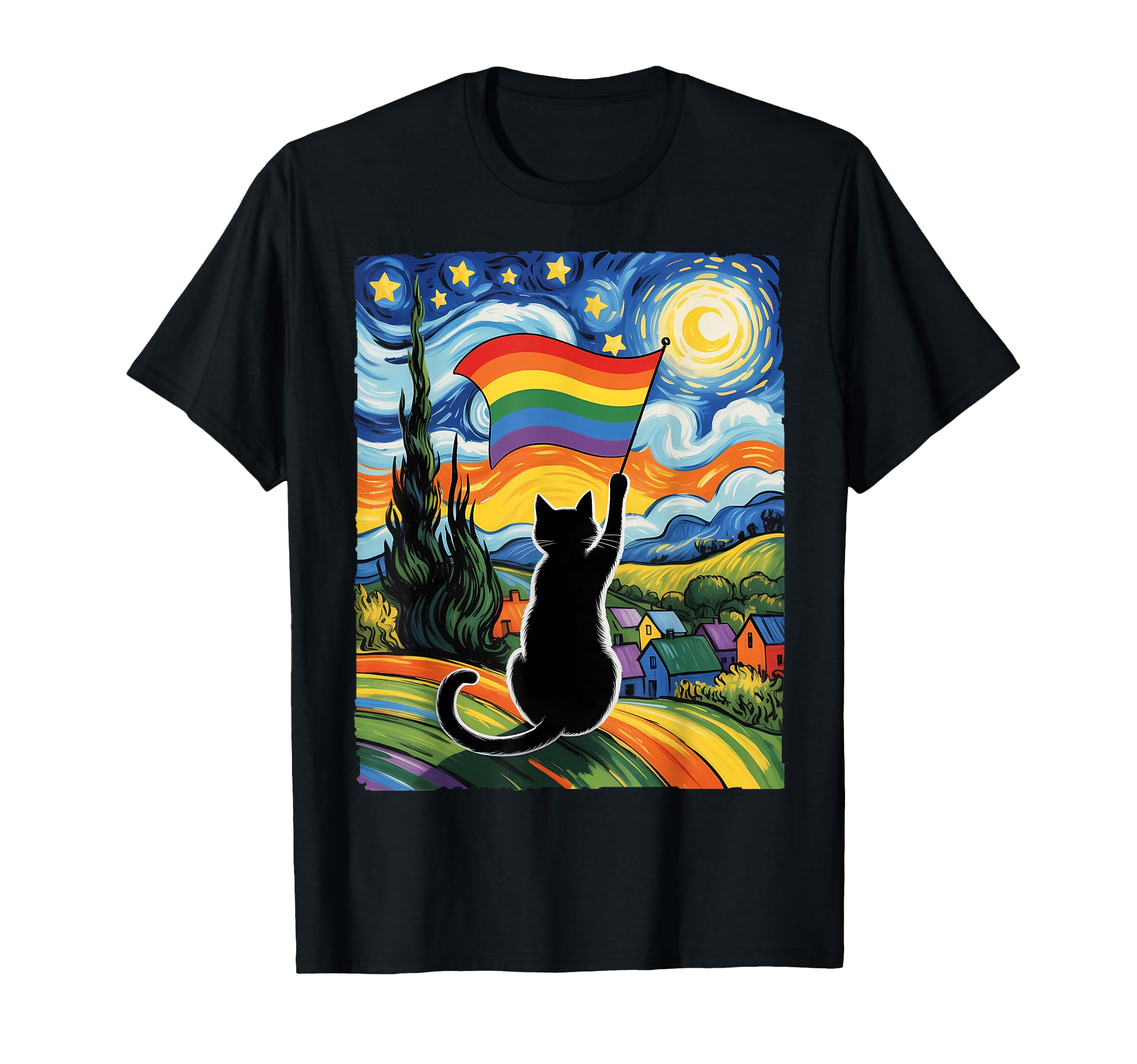 Gay Pride Cat Art Cat Starry Night Style LGBTQ Pride Support T-Shirt ...