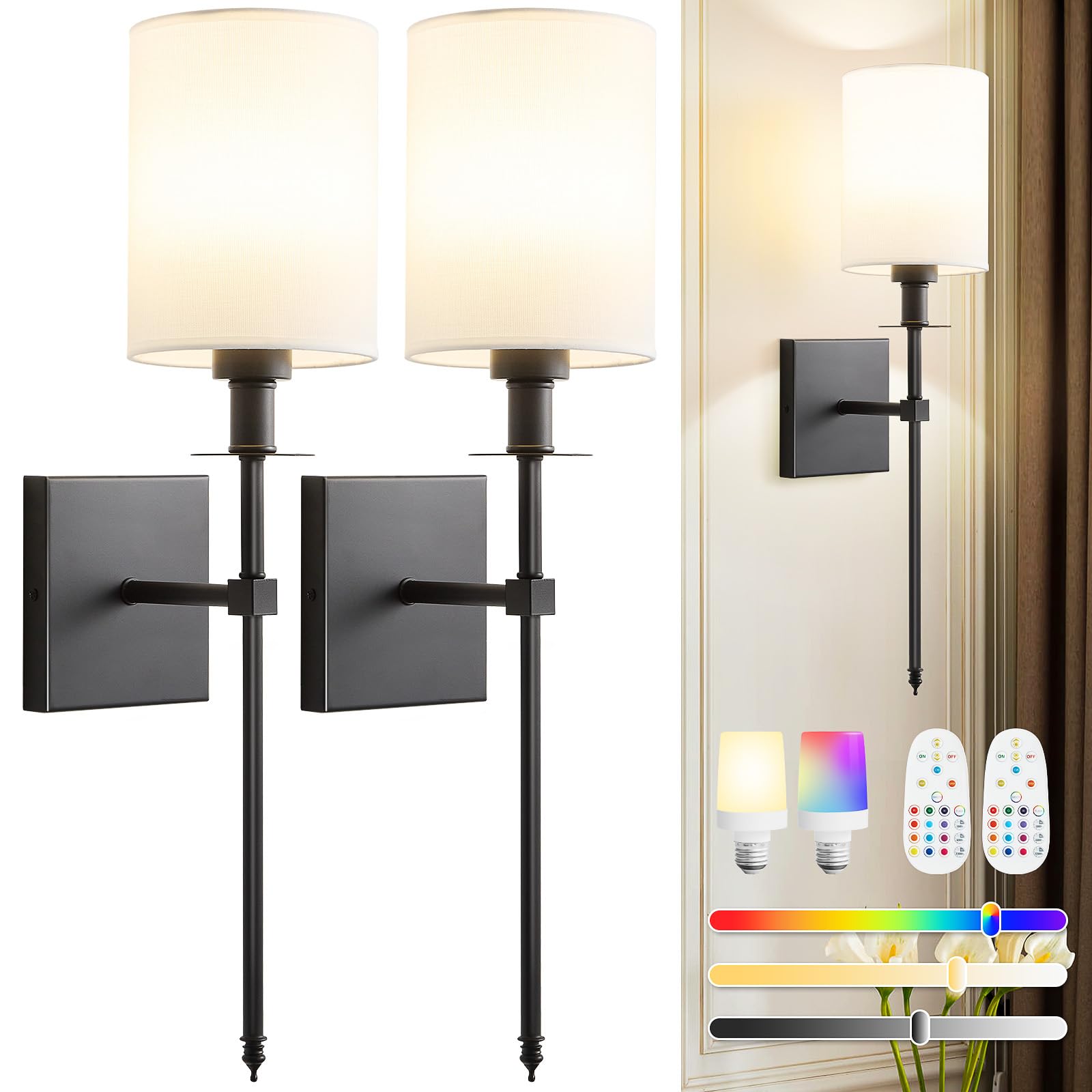 Battery Operated Wall Sconce with Remote, Rechargeable Wireless Sconces Set of 2, Dimmable RGB ...