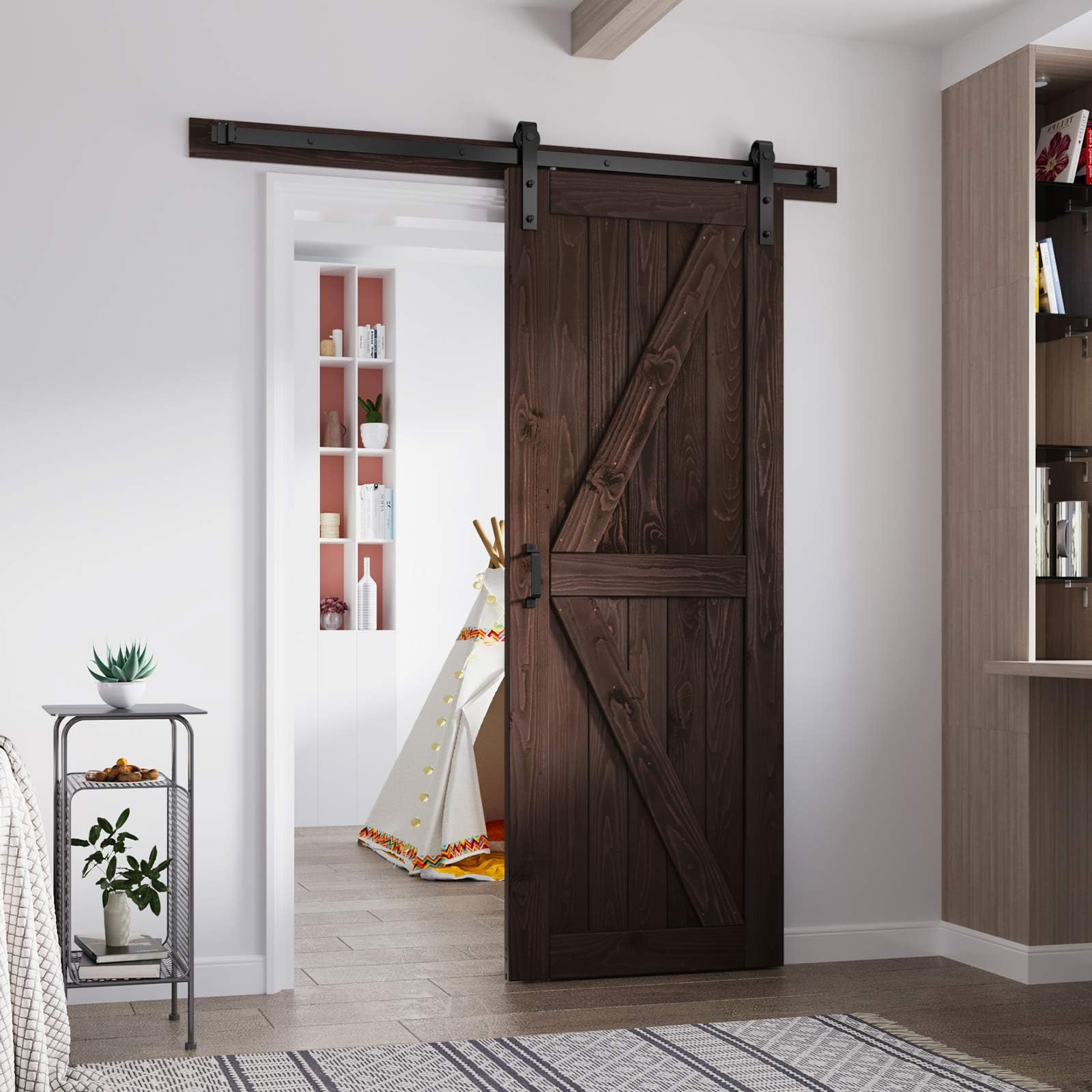 FREDBECK 30in x 84in Brown Barn Door with 5ft (60inch) Barn Door ...