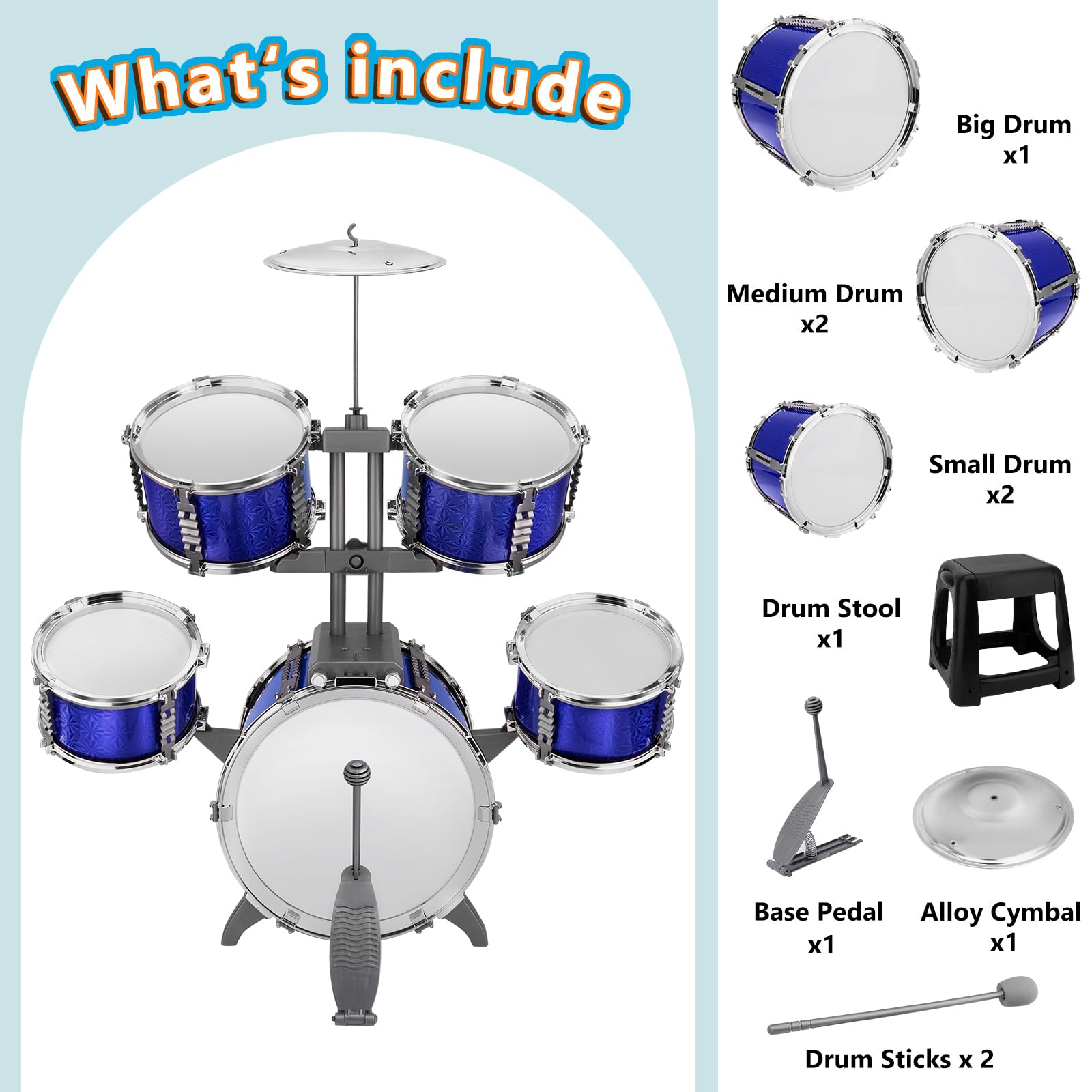 Kids Drum Set 5 Piece Toddlers Jazz Drum Kit With Stool Musical ...