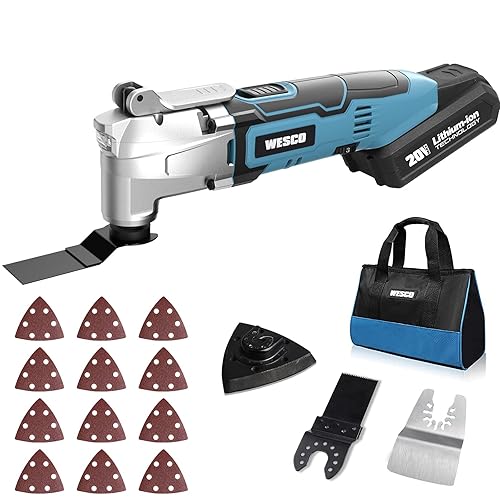 WESCO 20V Cordless Oscillating Tool Kit, 2.0Ah Oscillating Multi-Tool, 3° Oscillation Angle, 6 ...