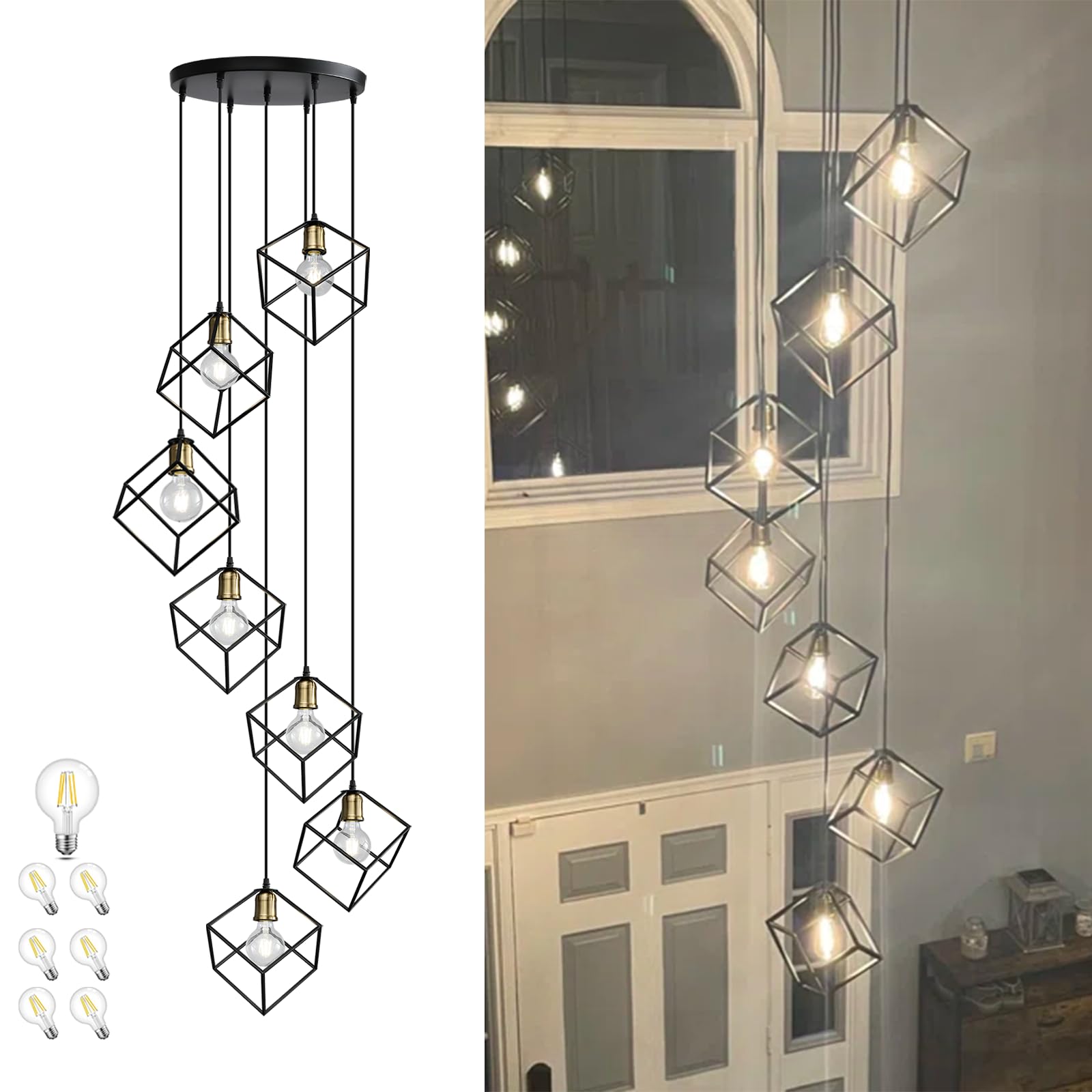 vivihobb Modern Large Foyer Chandelier,7-Light Black Metal Cage,118 ...