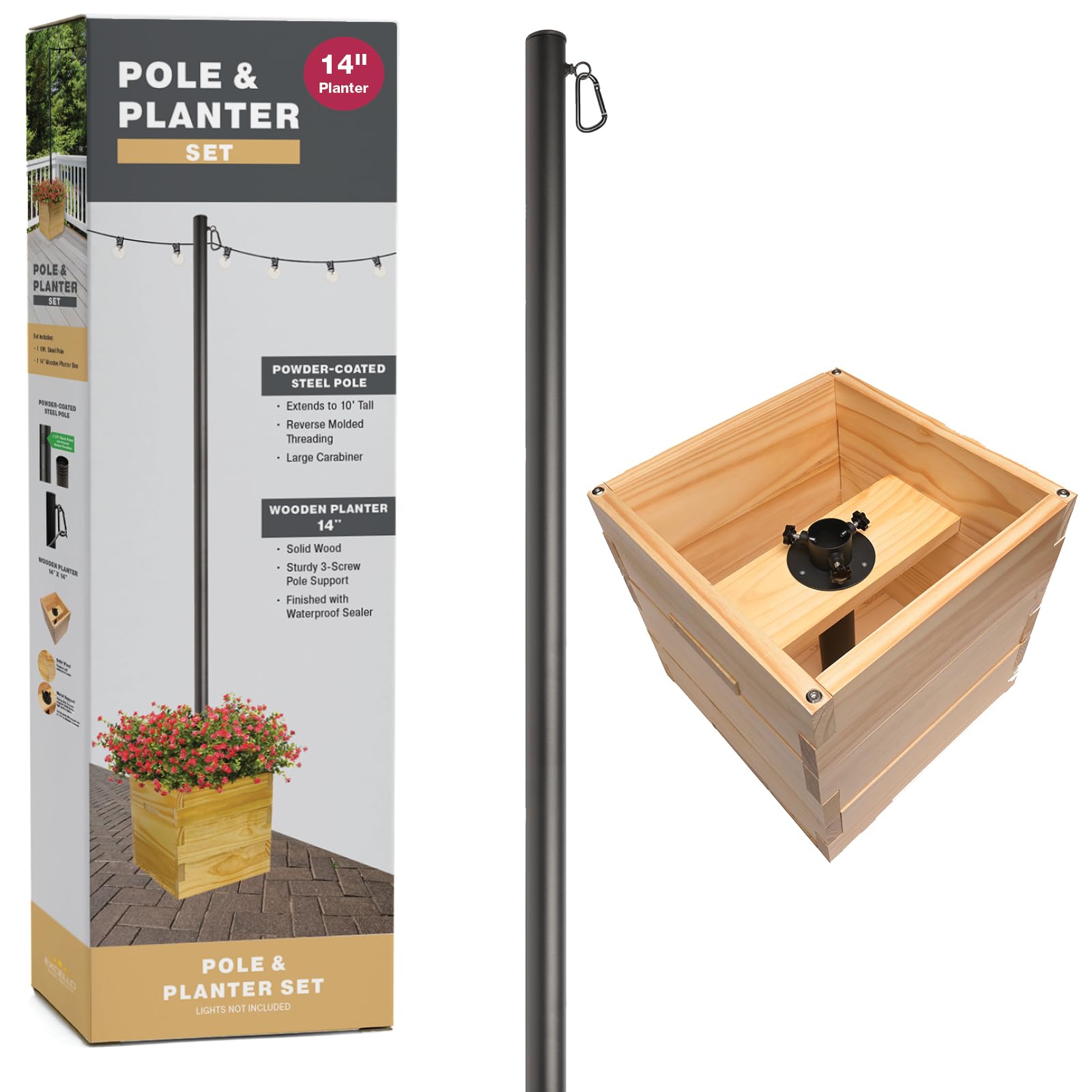 Excello Global Products Wooden Planter Box Set with 10' String Light ...