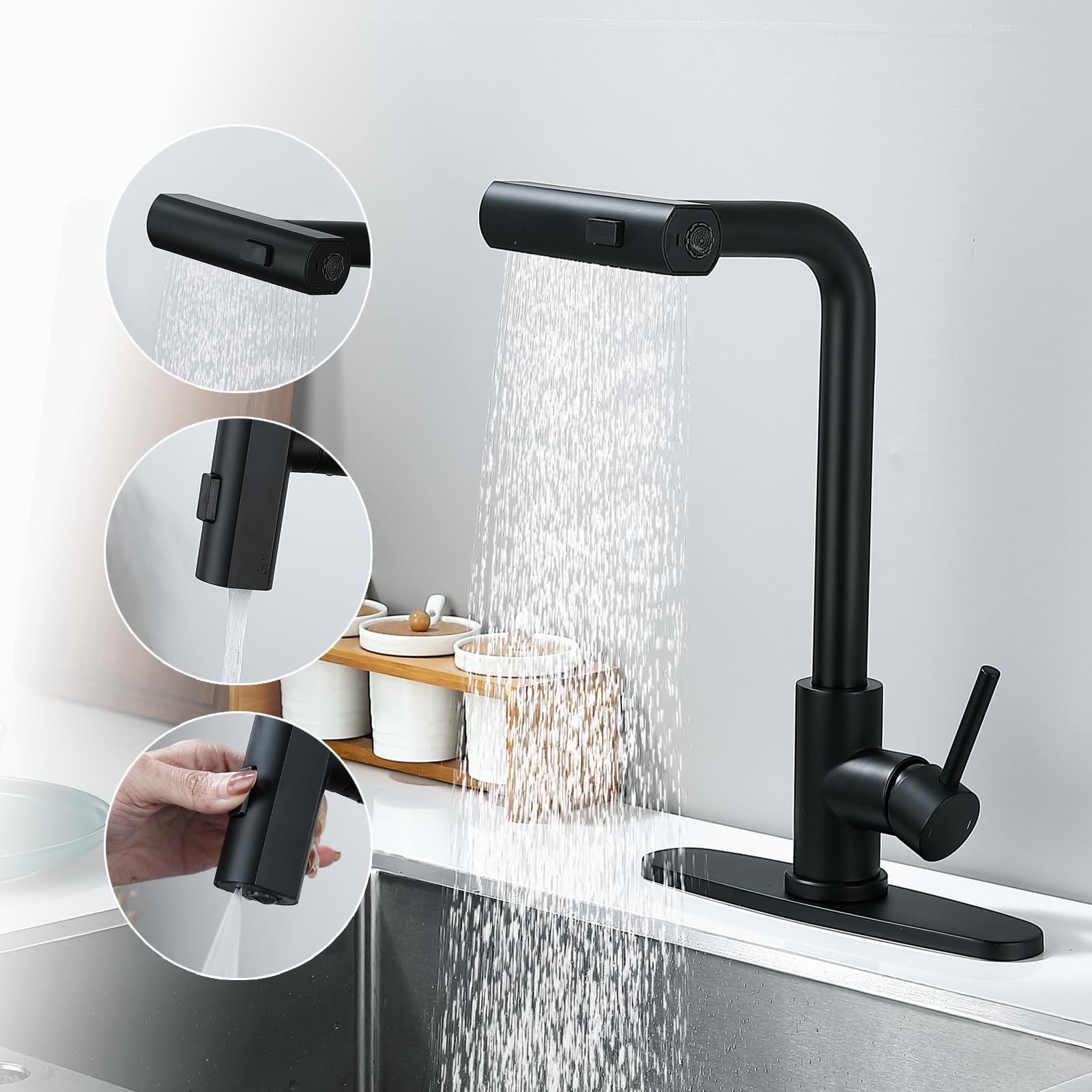BARROCK Waterfall Kitchen Faucet with Pull Down Sprayer, Modern ...