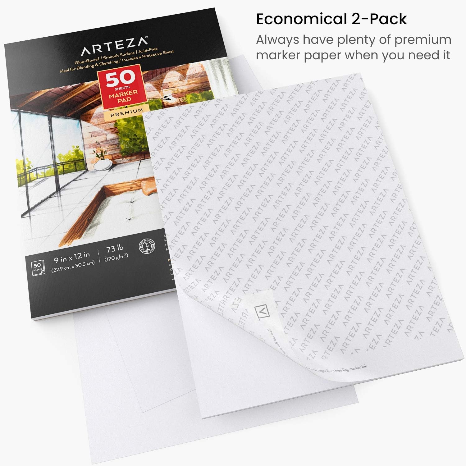 Arteza Marker Paper Pad, 2-Pack, 22.9 x 30.5cm, 50 Sheets, Glue-Bound ...