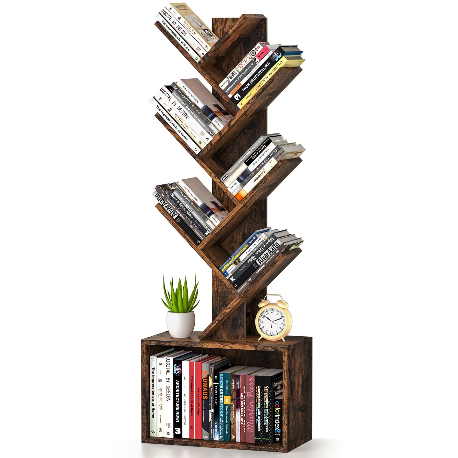 ART-GIFTREE 6 Tier Tree Bookshelf, Sturdy Retro Floor Standing Wood ...