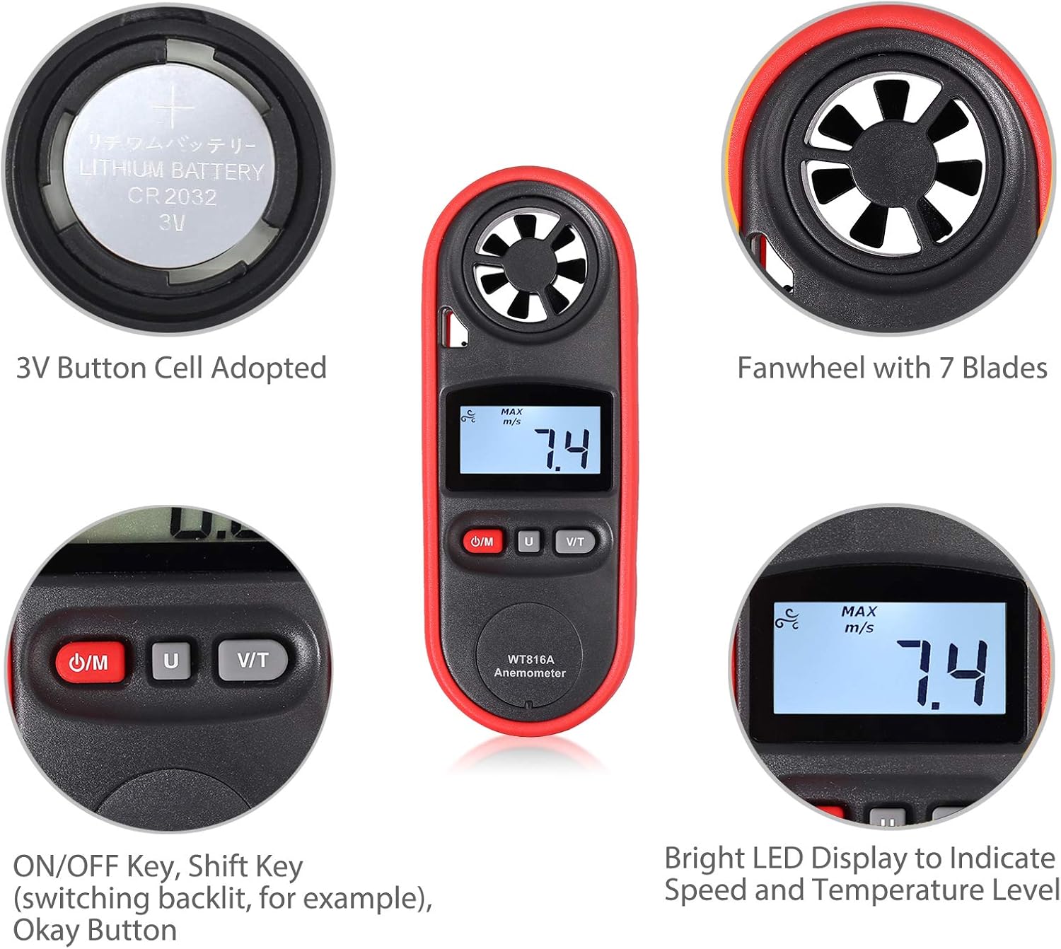 Proster Anemometer 3 Modes 6 Units Digital Wind Speed Meter with ...