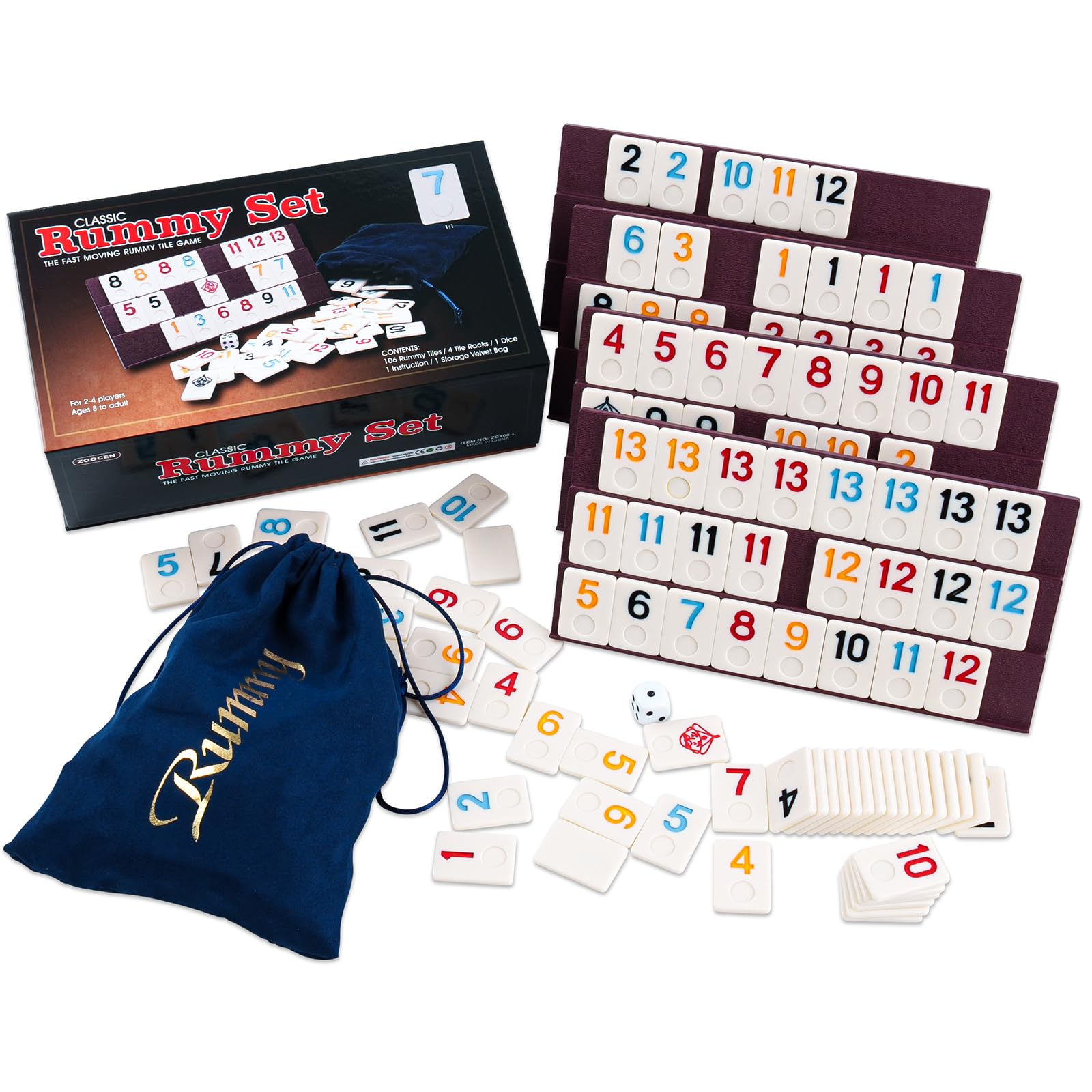 ZOOCEN Rummy Cube Game Set with 4 Plastic Racks and 106 Melamine Tiles ...