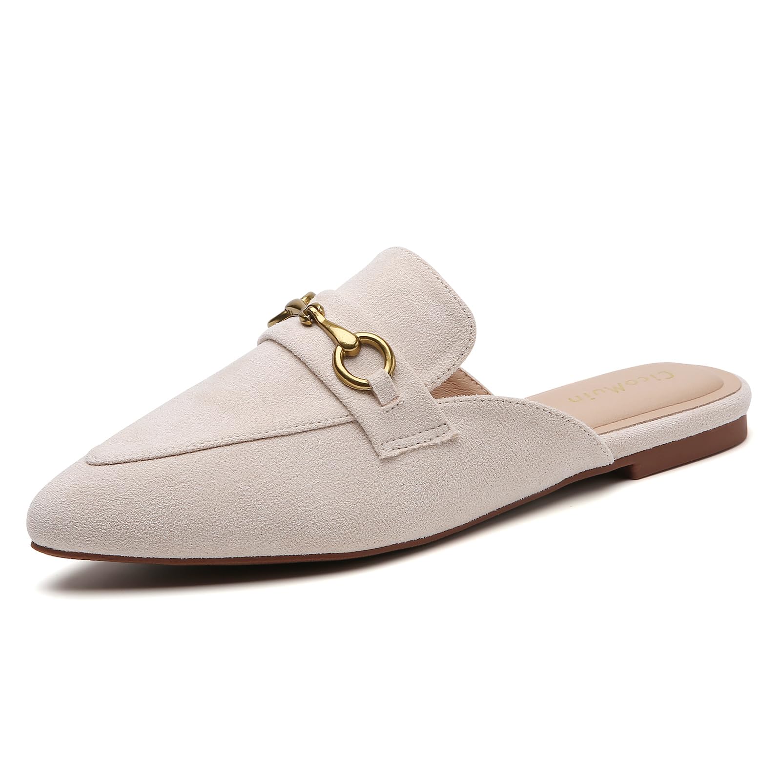 CicoMuin Buckle Mules for Women Suede Beige Pointed Toe Backless Flat ...