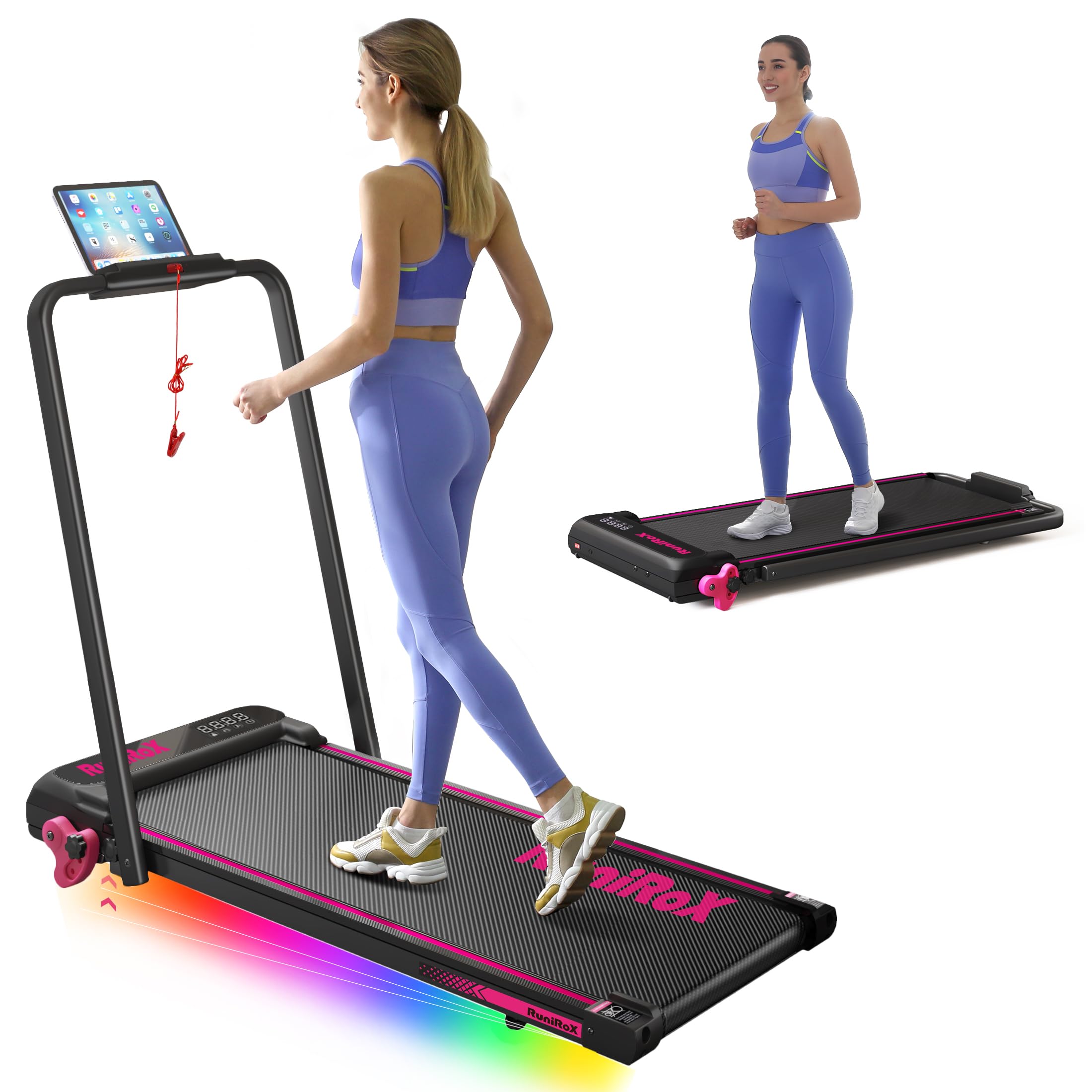 Walking Pad Treadmill with Incline and Handle Bar, Colorful Lights, LED ...