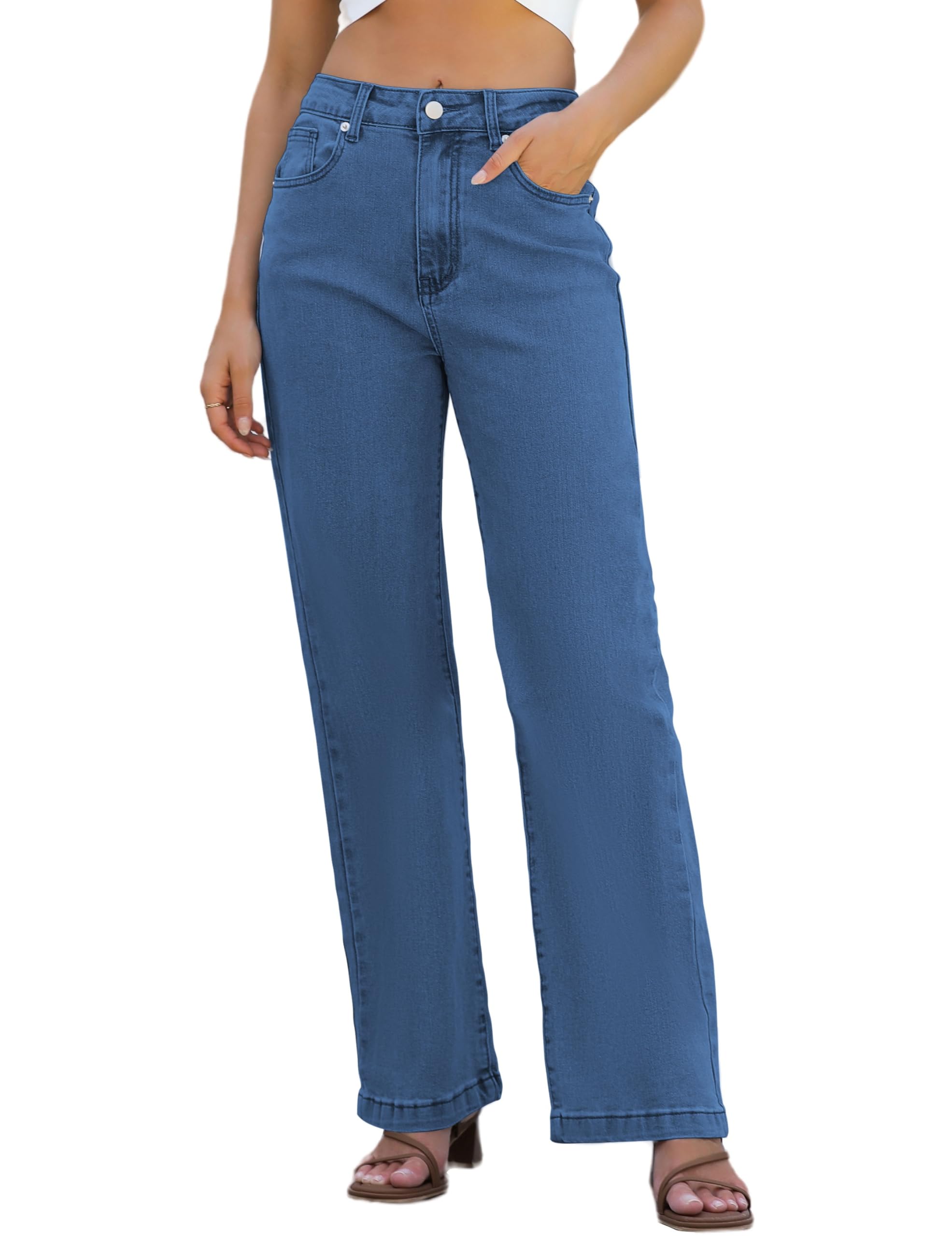 ETTELO Womens Jeans Hig Waisted Straight Leg Loose Stretchy Lightweight ...