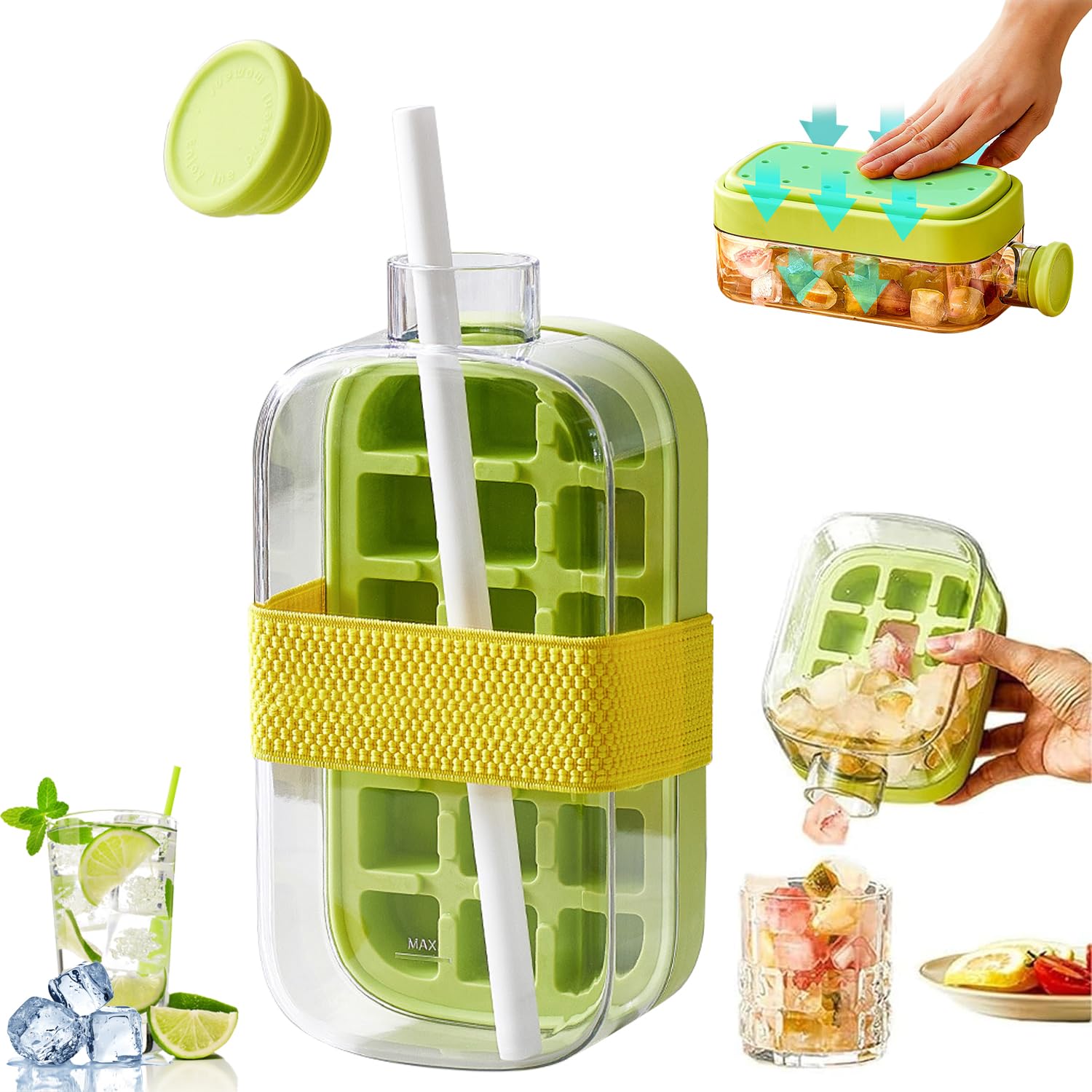 Ice Cube Bottle, 2 in 1 Zero Touch Press Ice Cube Mold Water Bottle ...