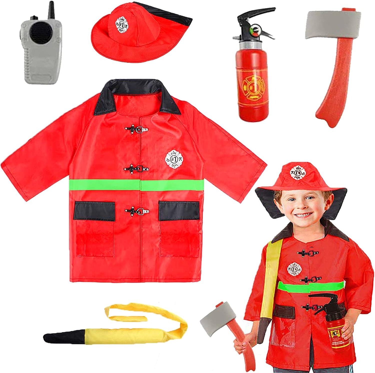 SATKULL Kids Fire Chief Costume, Halloween Fireman Dress Up Set, Fire ...