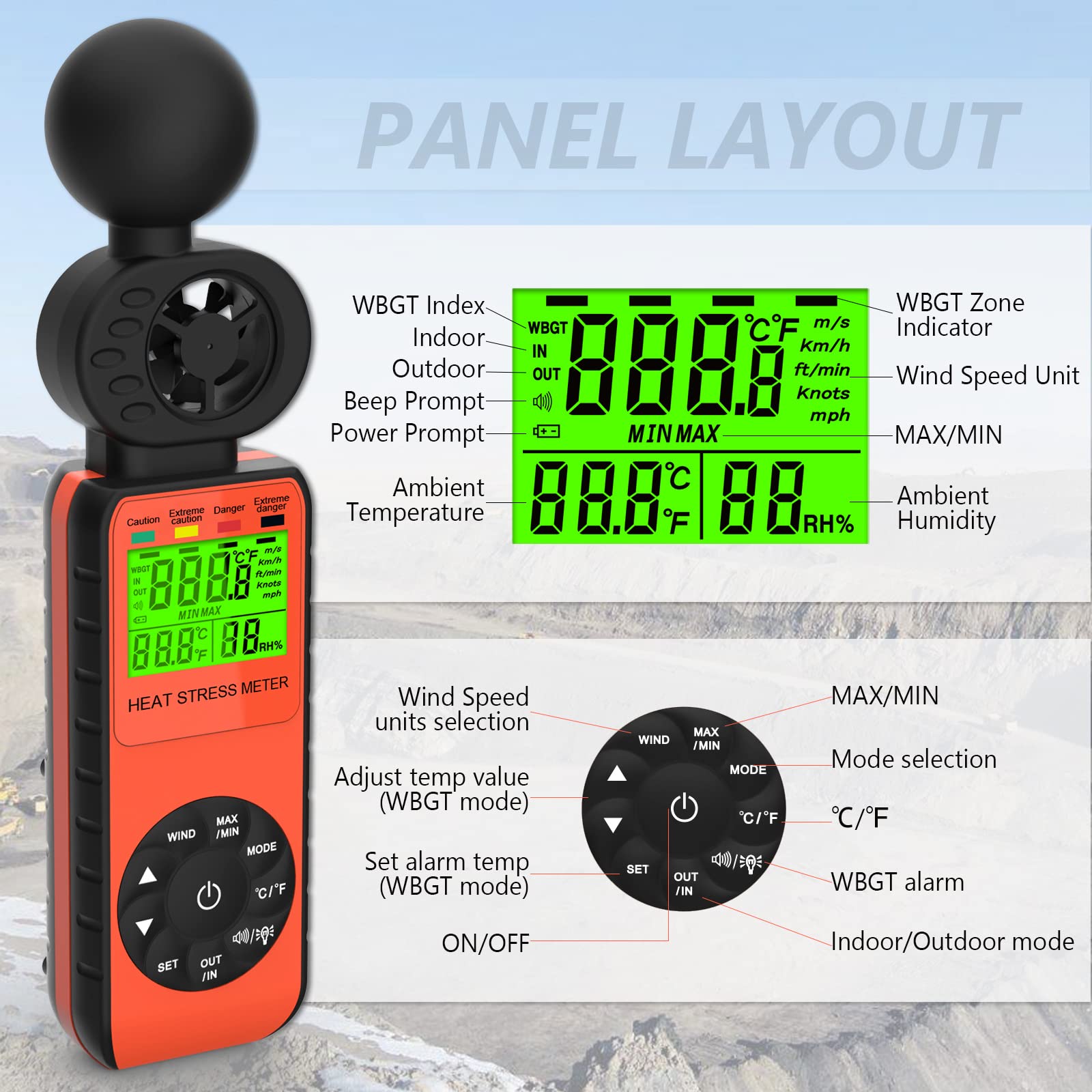 Mua Digital Anemometer Heat Stress Meter with WBGT Alarm, Handheld 4 in ...