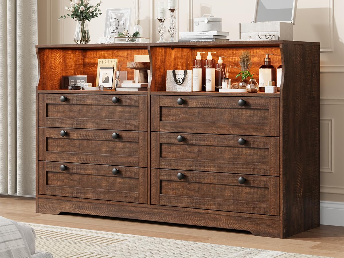 Dresser for Bedroom, Large Wooden Dresser with 6 Drawer, 55 Inch Tv ...