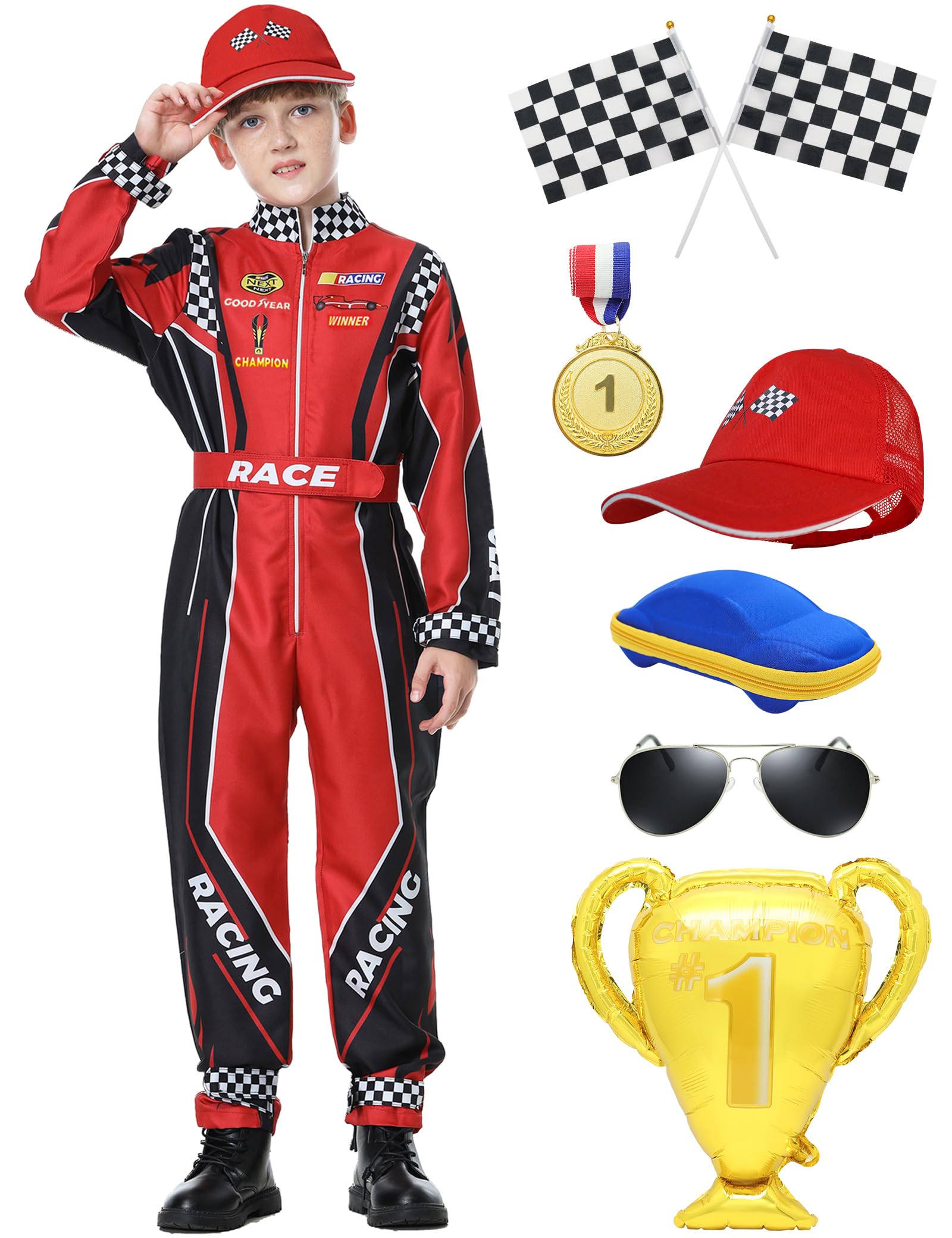 Treyrea Race Car Driver Costume Boys Racer Jumpsuit With Car Cap Kids ...