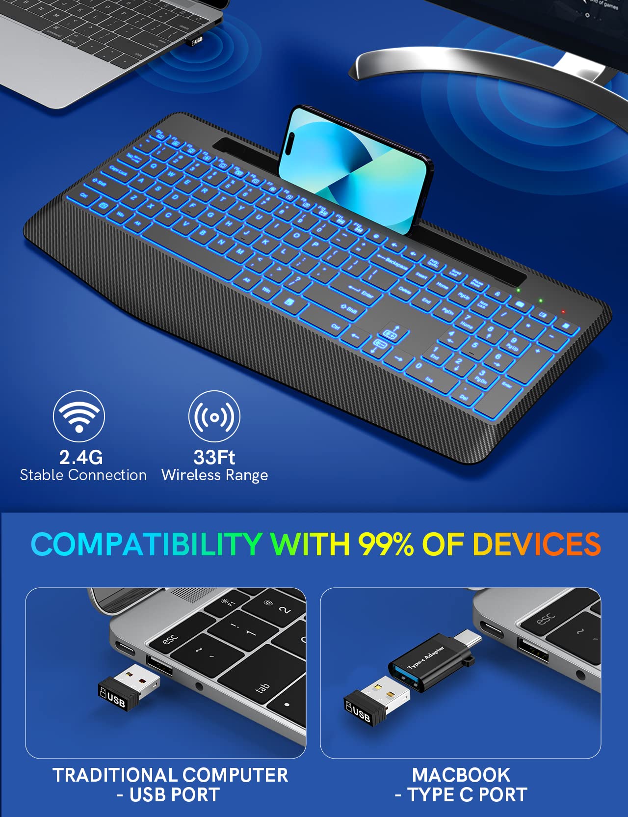 Mua Wireless Keyboard with 7 Colored Backlits, Wrist Rest, Phone Holder ...