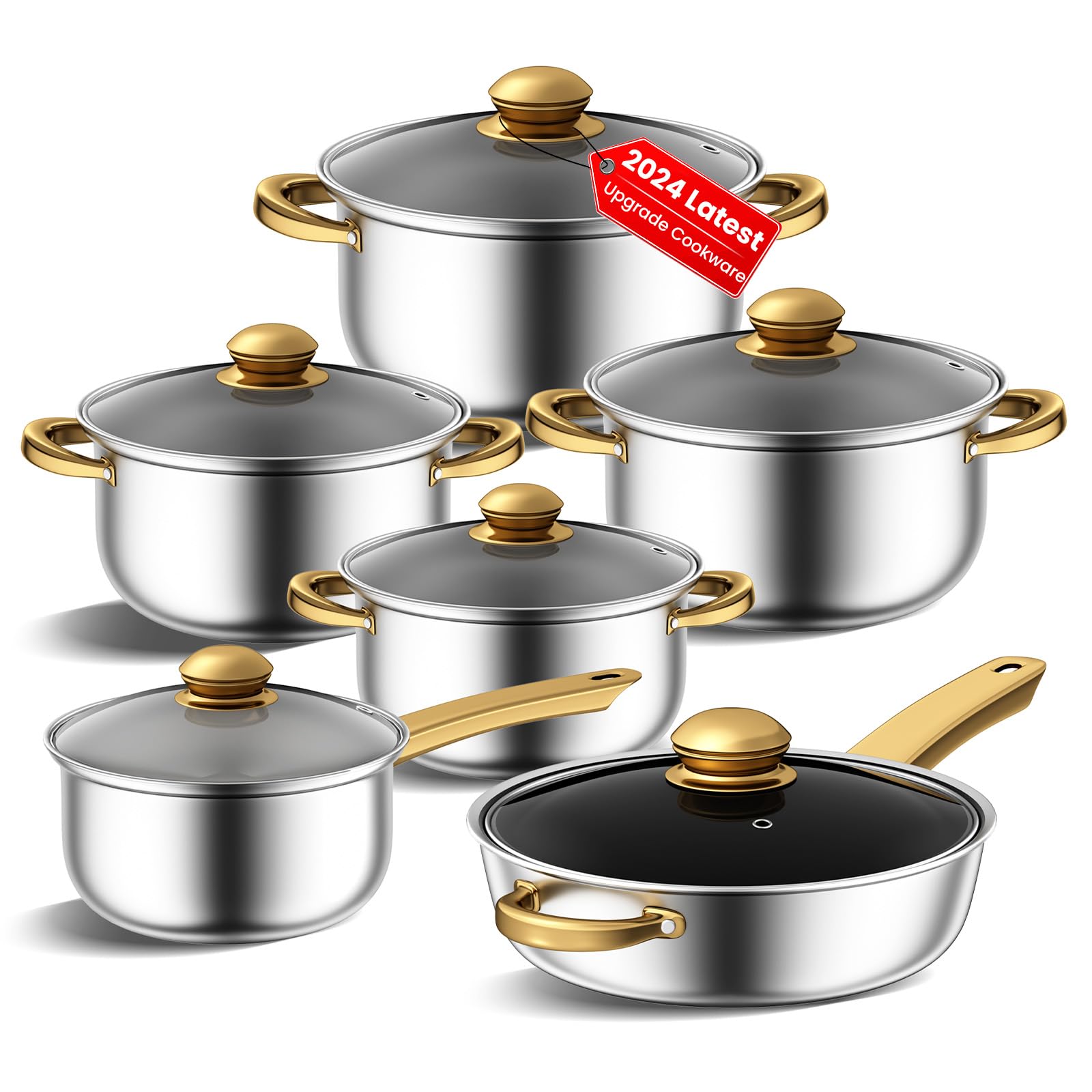 Stainless Steel pots and pans set, 12 Pieces Kitchen Cookware Set, Non ...