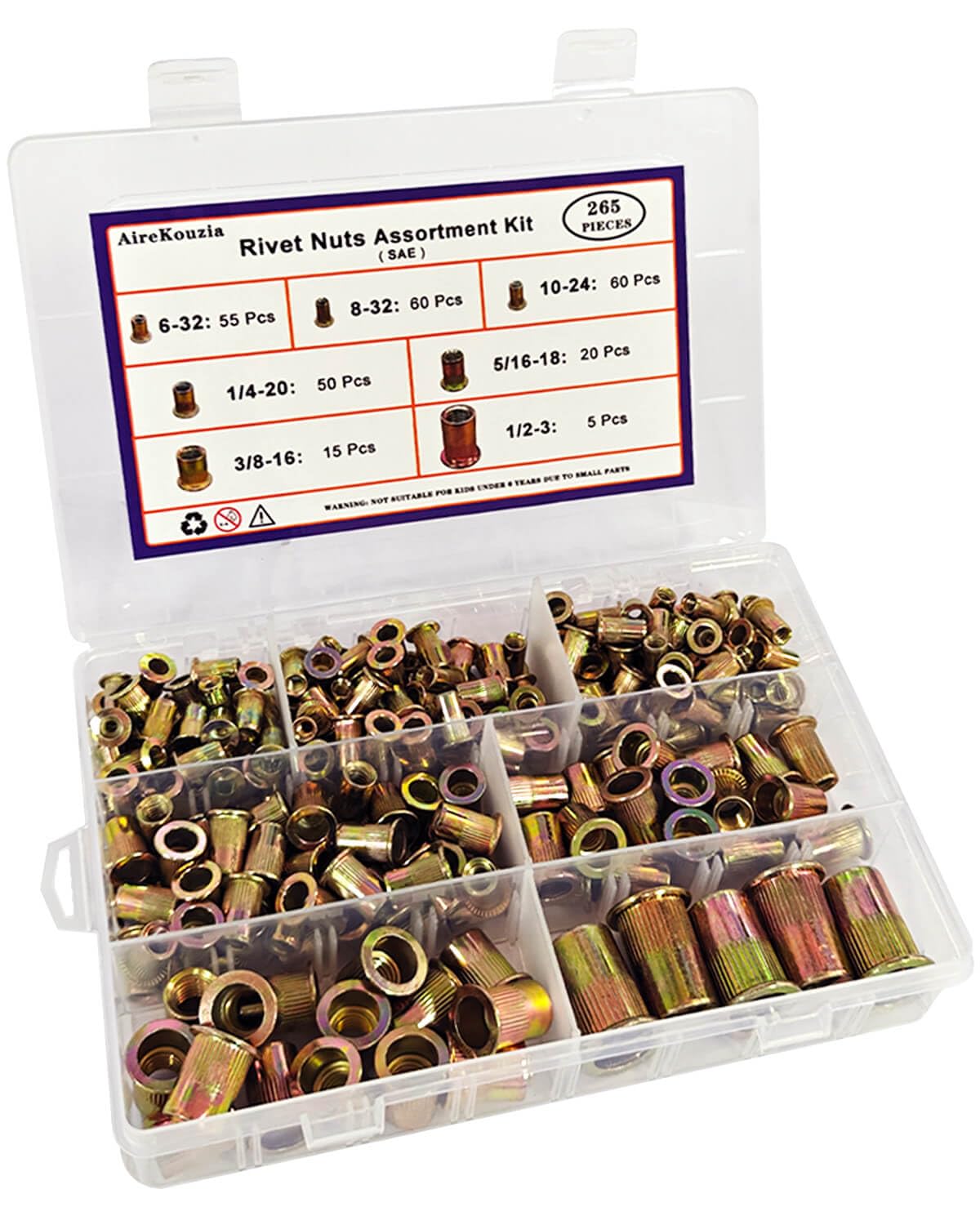 AireKouzia SAE Rivet Nut Assortment Kit - 265Pcs RIV Nuts (6-32 8-32 10 ...