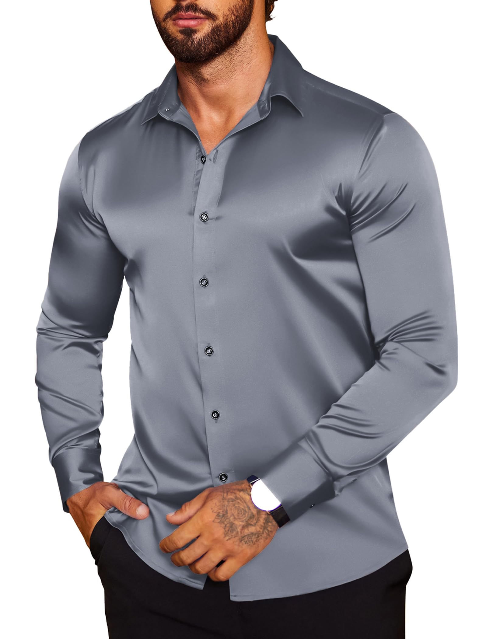 COOFANDY Mens Shirts Luxury Satin Silk Dress Shirt Regular Fit Solid ...