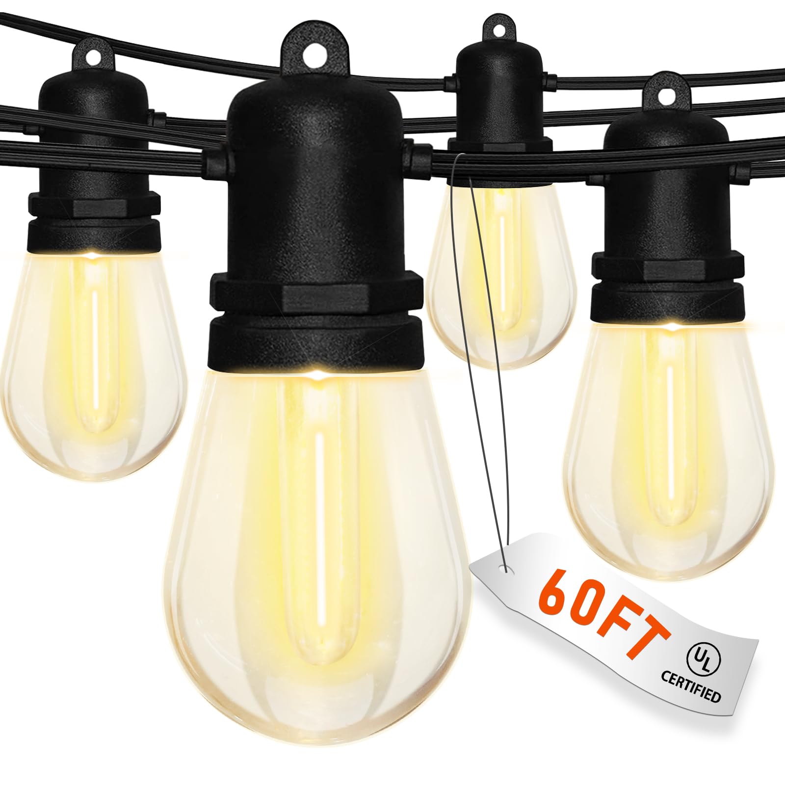 60FT Outdoor String Lights, S14 (30FT*2) Patio Lights with Shatterproof ...