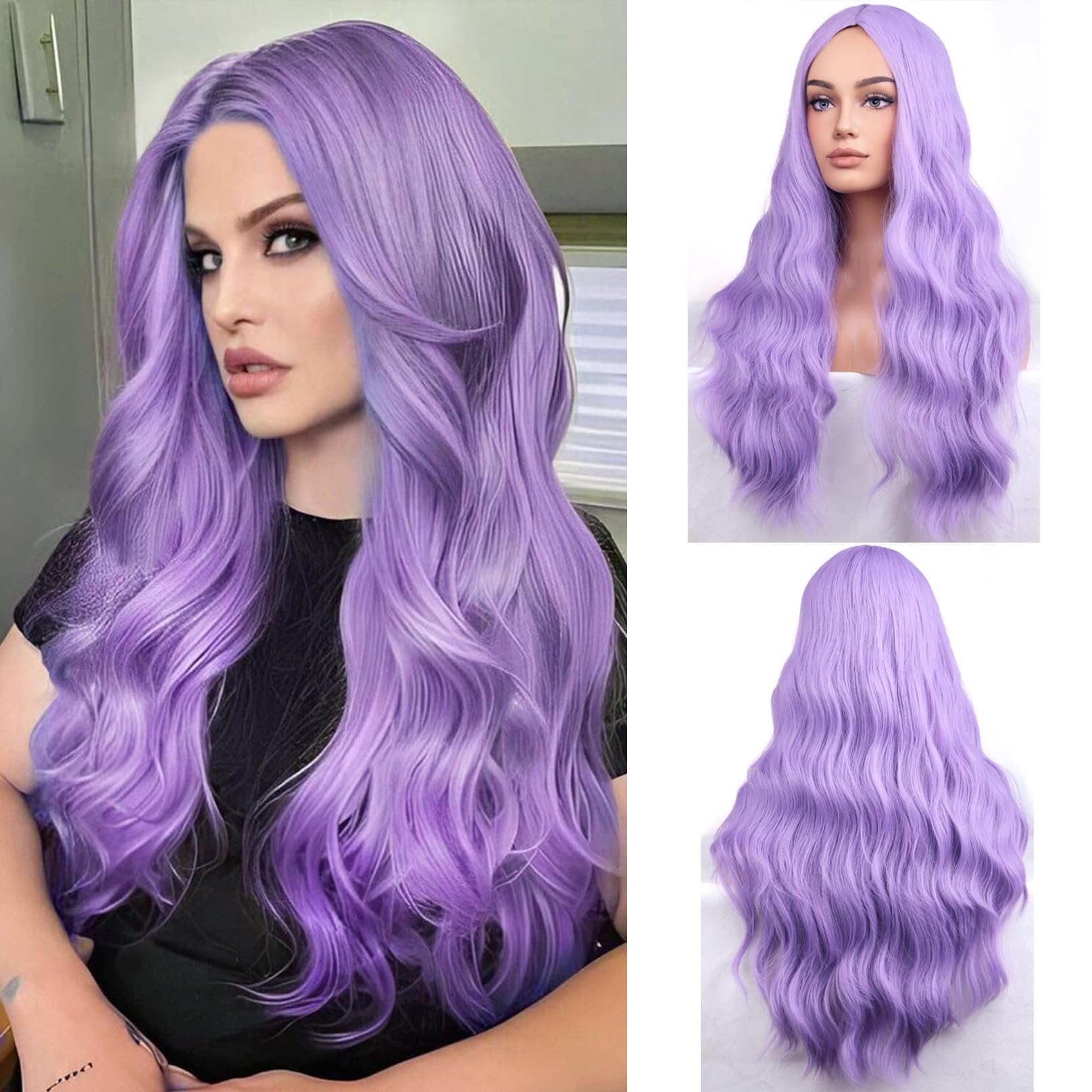 BERON Purple Long Wigs for Women Girls Wavy Colored Hair Wig Light ...