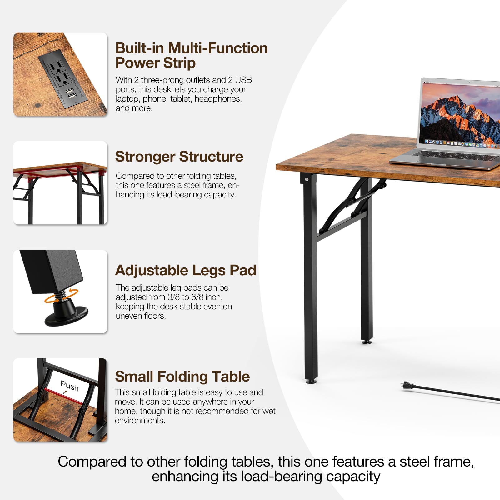 TEMI Small Computer Desk Folding Table - No Assembly, Compact 44.3 ...