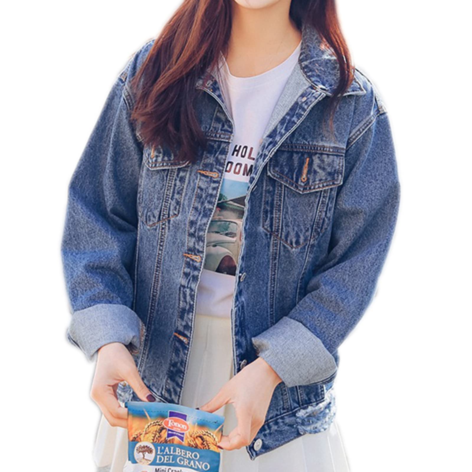 Saukiee Oversized Denim Jacket Distressed Boyfriend Jean Coat Jeans ...
