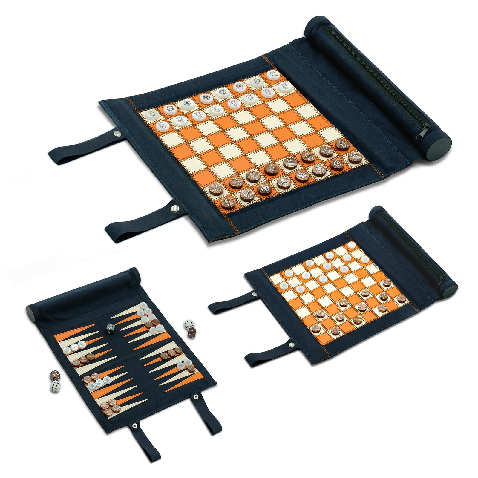 Woodronic Upgraded 3 in 1 Backgammon Chess Checkers Set, Roll Up Travel ...
