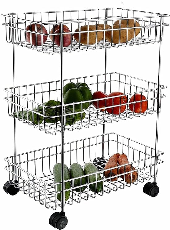 Three Layer Vegetable Trolley Stainless Steel Kitchen Trolley (Silver ...
