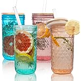 Amazon.com | ANOTION Colored Glass Cups with Lids and Straws - 24oz ...