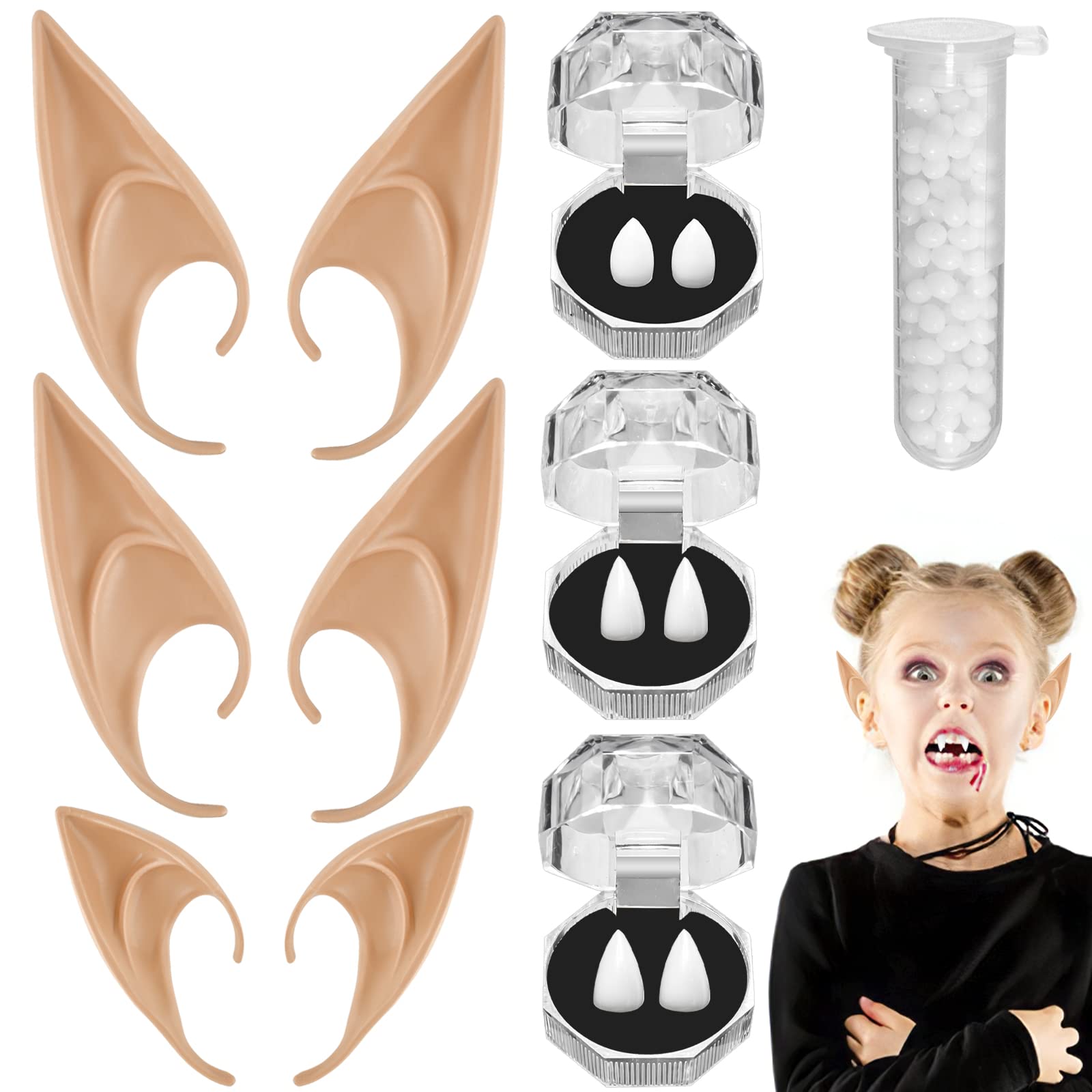FLMRIOY Vampire Teeth Fangs Elf Ears, 3 Pairs of Fake Teeth Props and ...