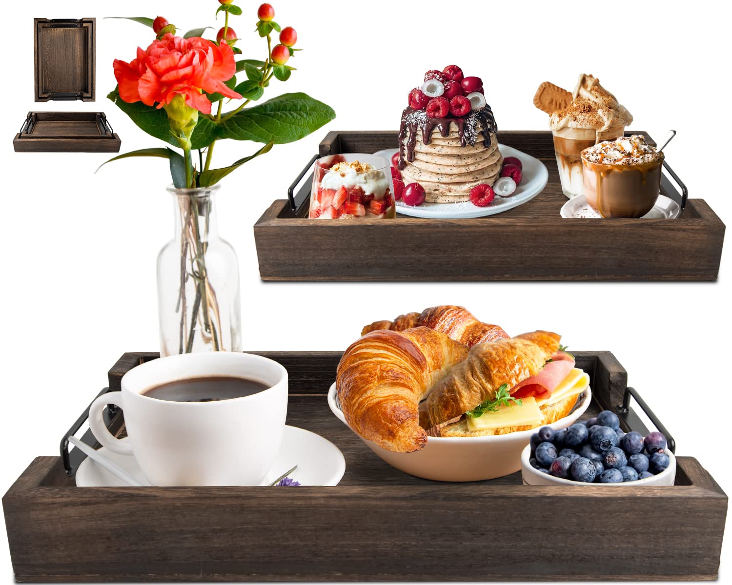 Rustic Wooden Serving Trays with Handle - Set of 2 - Large and Small ...