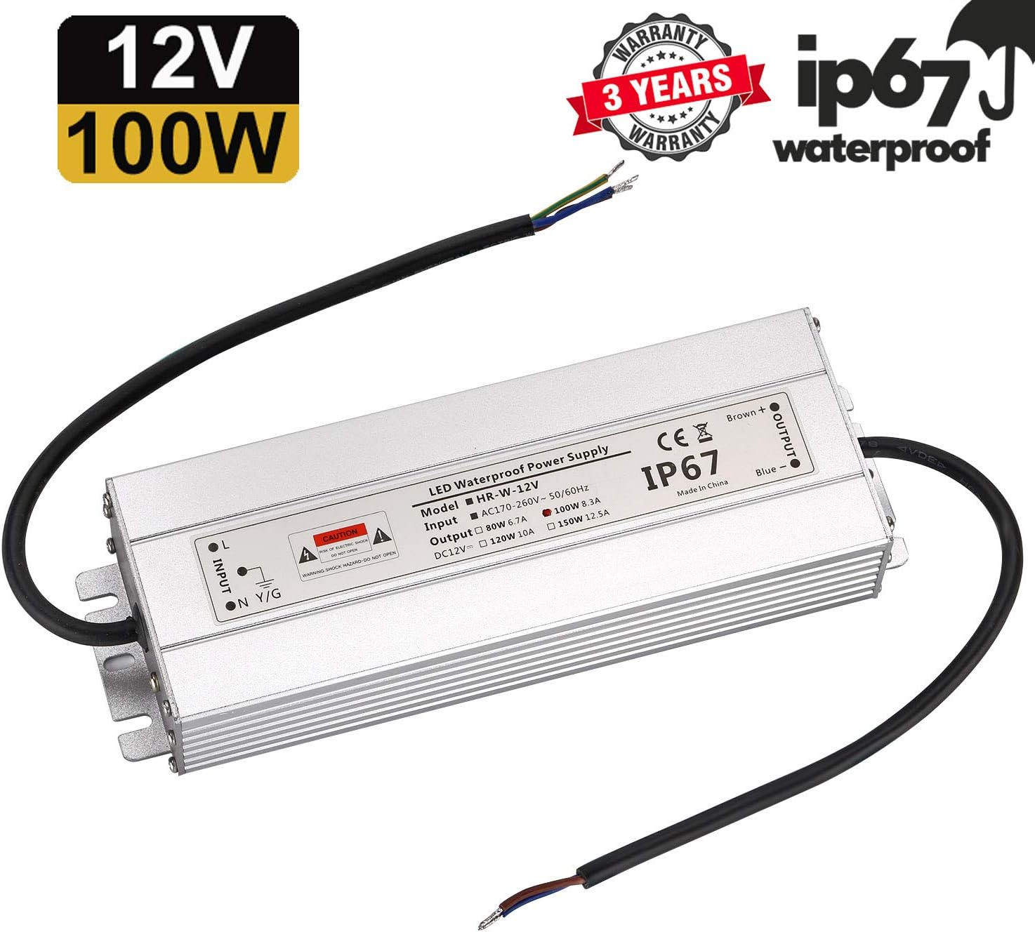 IP67 Waterproof Power Supply 12V, Low Voltage LED Driver 100W 8.3A – BigaMart