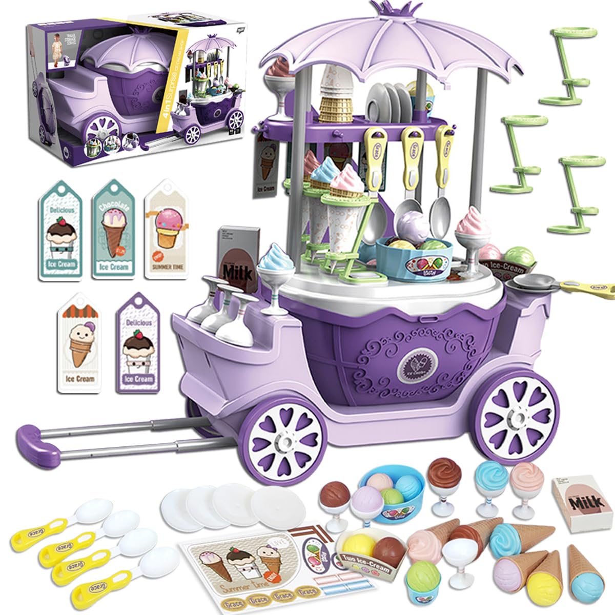 Mini Ice Cream Toys for Kids - 65 Piece Cart and Pretend Play Food Set ...