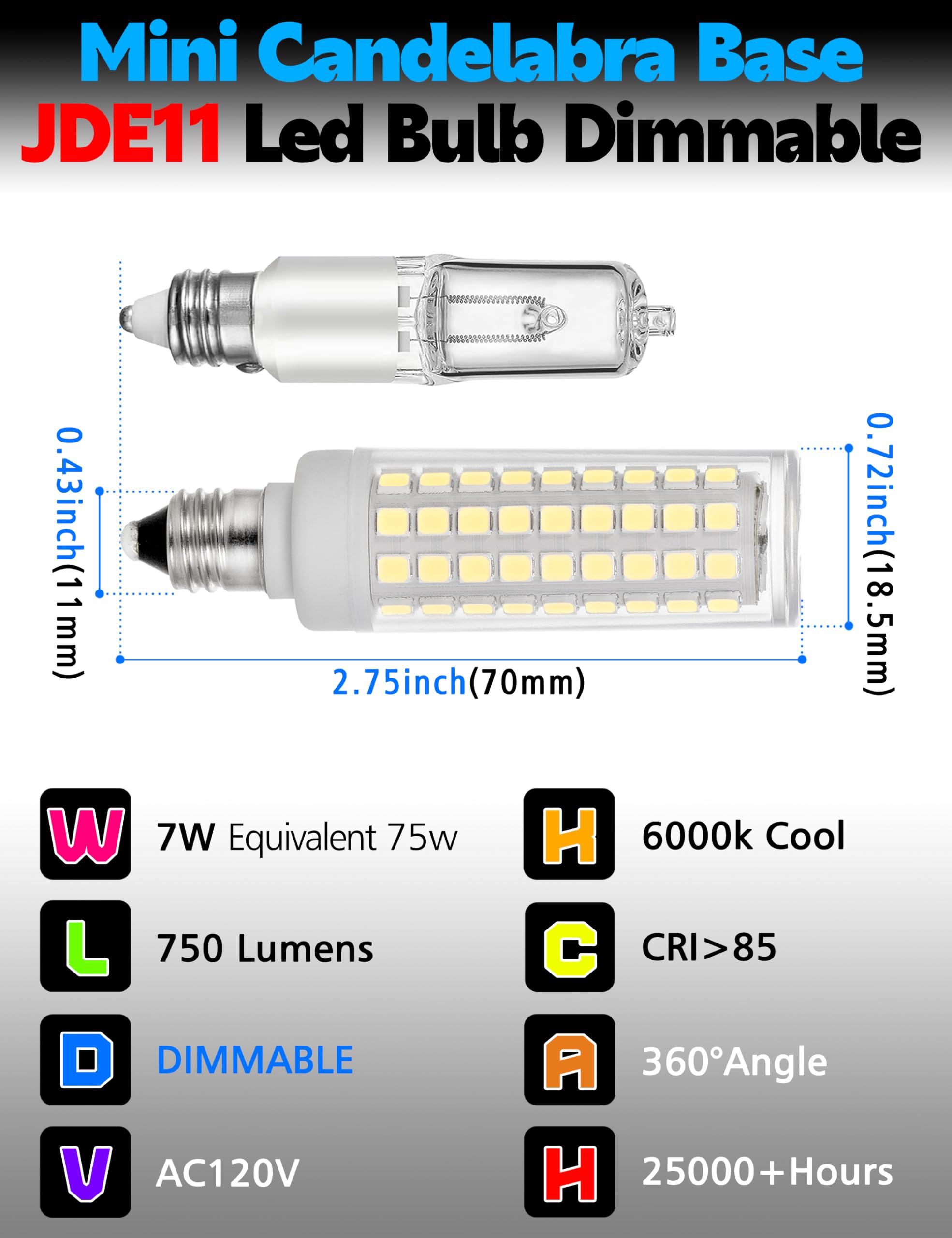 Xyanmc JD E11 Led Candelabra Bulbs 75 Watt Equivalent Dimmable, E11 7W 750LM Daylight White ...