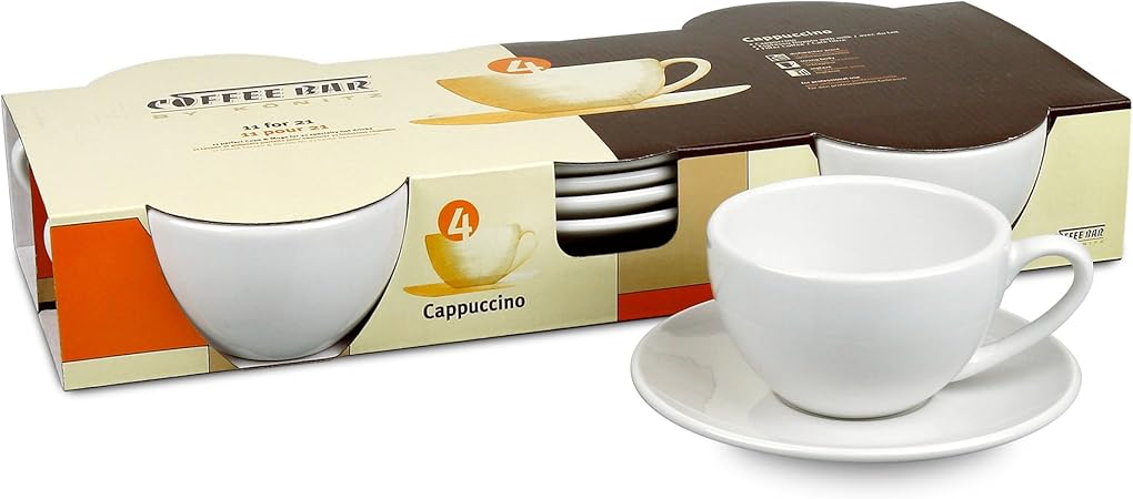 Konitz Coffee Bar Cappuccino Cups and Saucers, 6-Ounce, White, Set of 4 ...