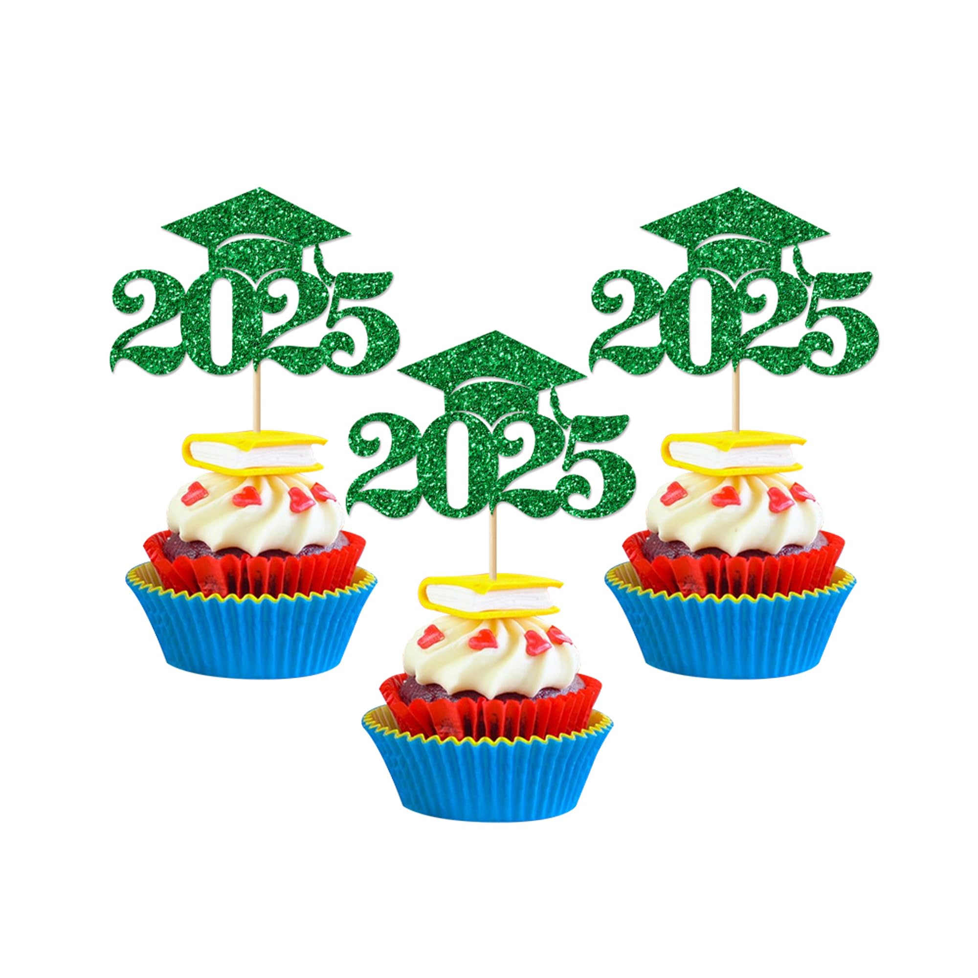 Graduation Decorations 2025-24Pcs Green Glitter 2025 Graduation Cap ...