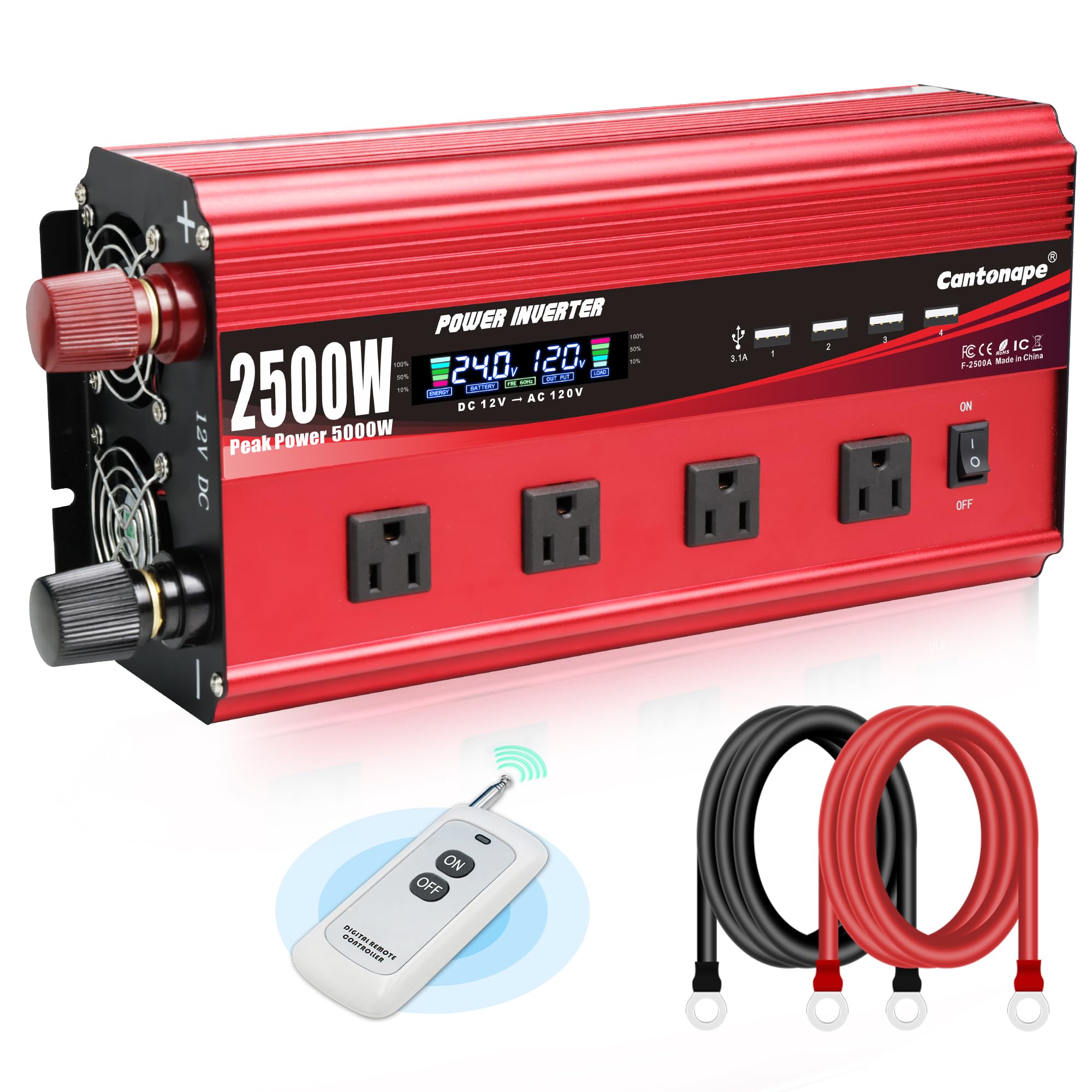 Cantonape 2500W Power Inverter 24V to 110V DC to AC with LCD Display ...