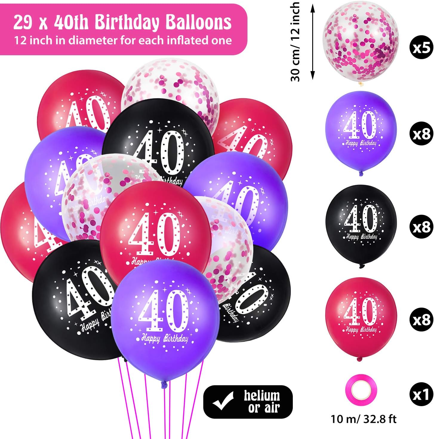 40th Birthday Decorations Set Includes 12 Inches Latex Balloons Rose ...