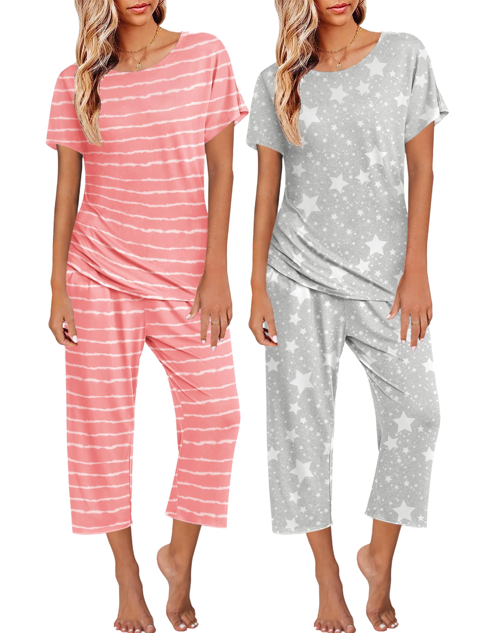 Ekouaer 2 Pack: Womens Pajamas Short Sleeve Sleepwear Tops and Capri ...
