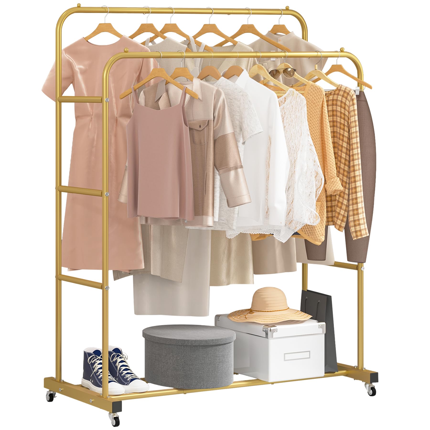 Laiensia Double Rods Clothing Rack with Wheels, Garment Rack for ...